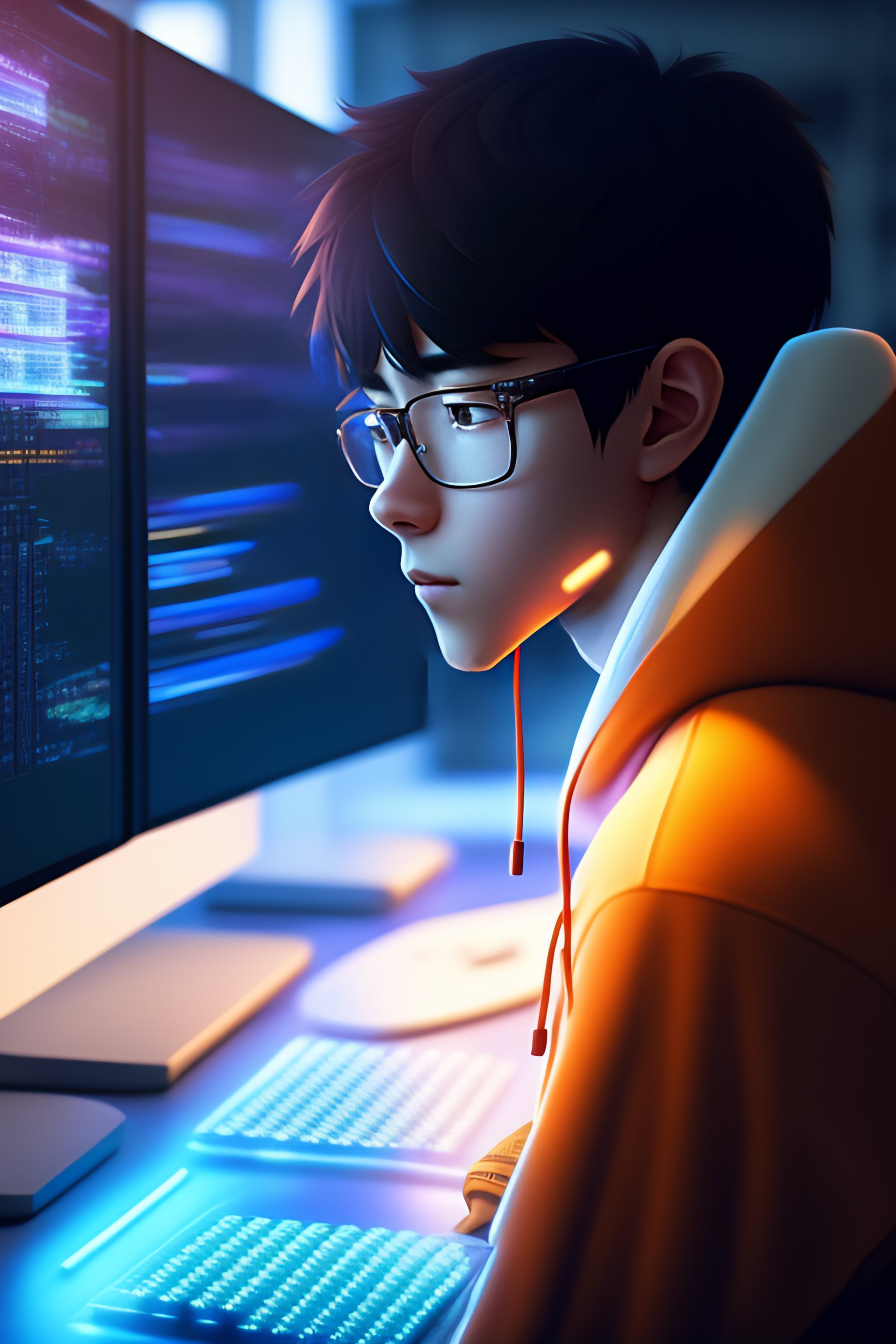 Lexica - A nerdy boy ith 22 years old in a hoodie is programming at a ...