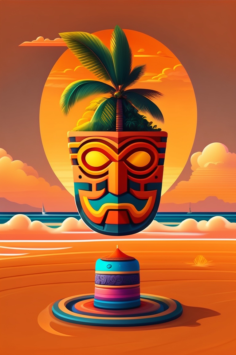 Lexica - Tiki mask on the beach, sunset, 50s cartoonish style, music ...