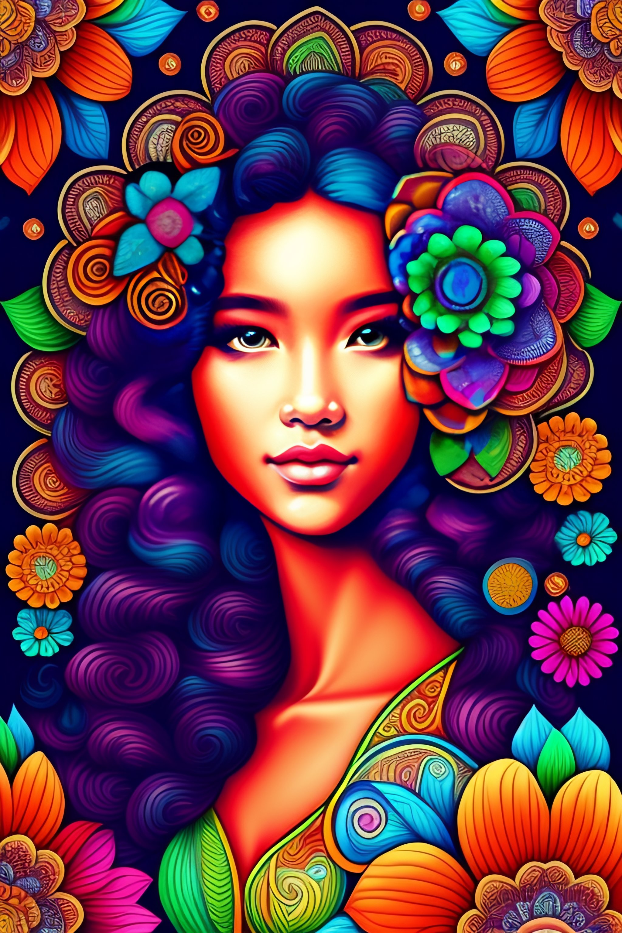 Lexica - A coloring book image mandala style of a curly hair girl with ...