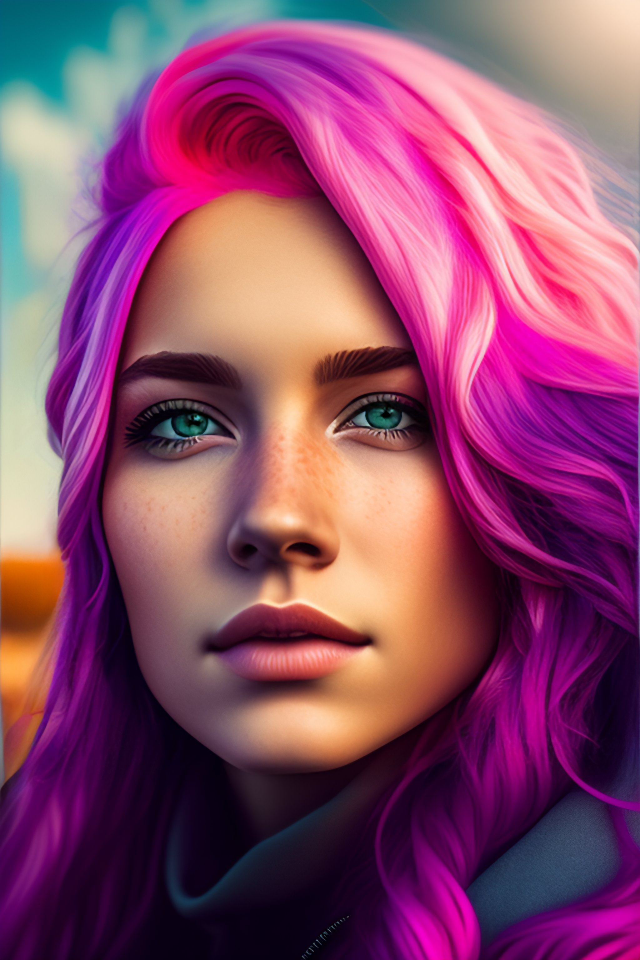 Lexica - Portrait of a girl with pink hair and gray eyes, cinematic ...
