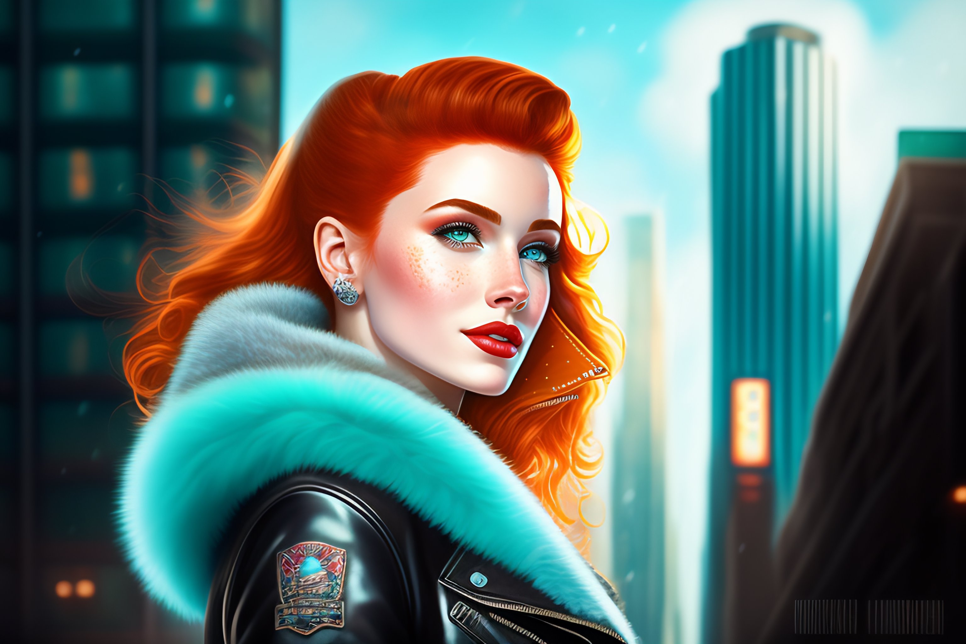 Lexica - Сute punk rock girl, 50s style, leather jacket, fur collar ...