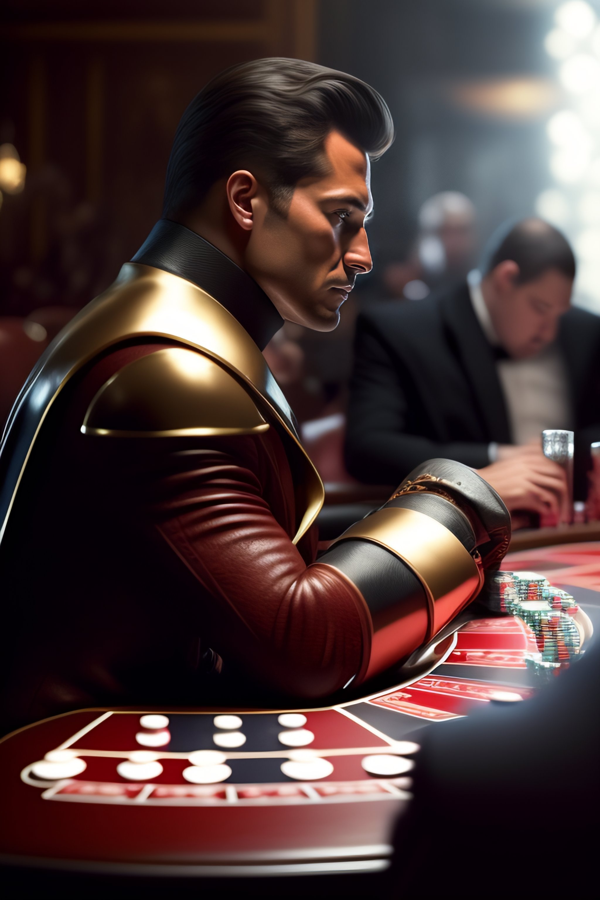 Lexica - Card dealer with half robot face At a poker table frontview ...