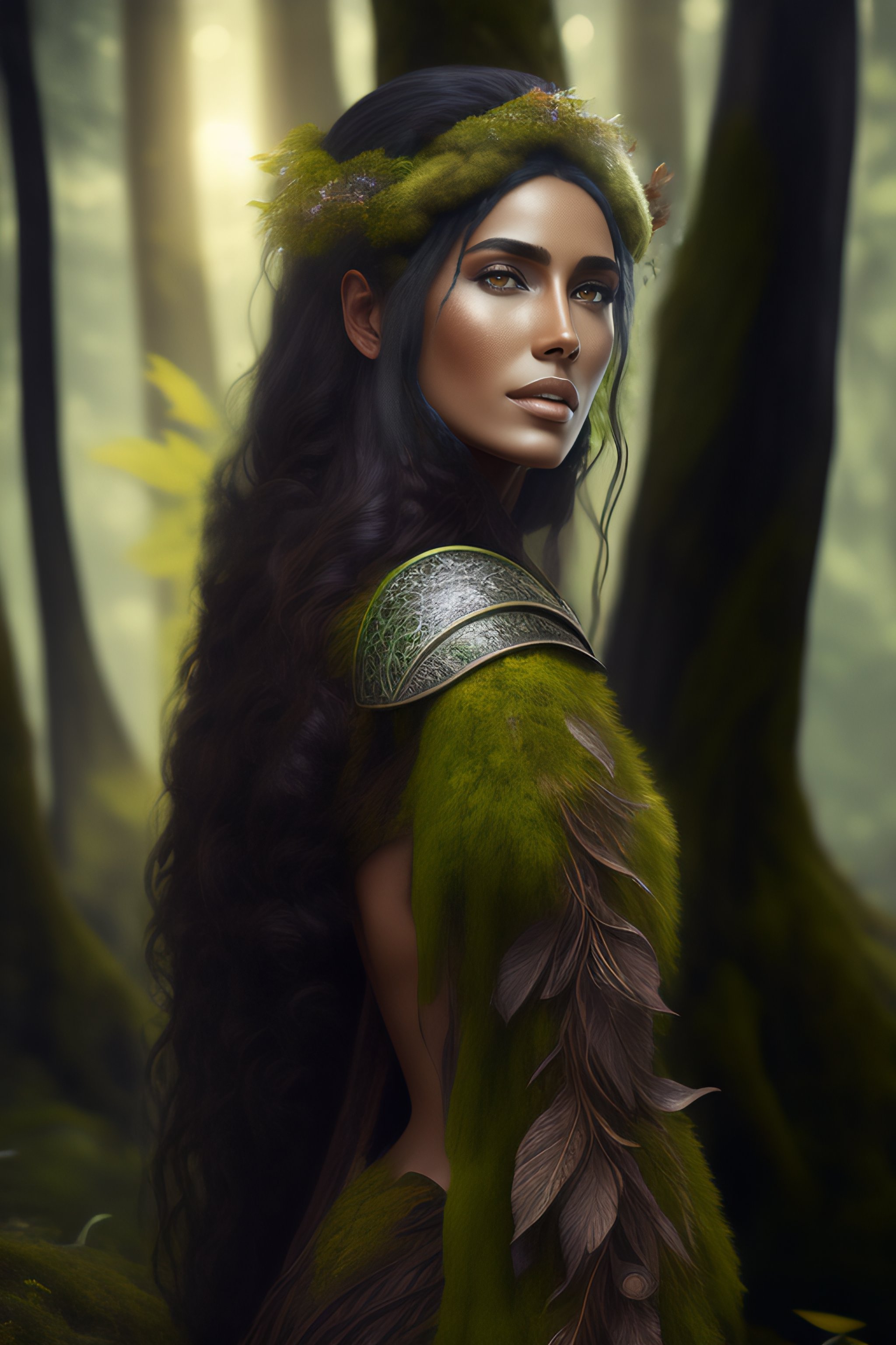 Lexica - Photorealistic, Dryad with skin of moss and armor of bark ...
