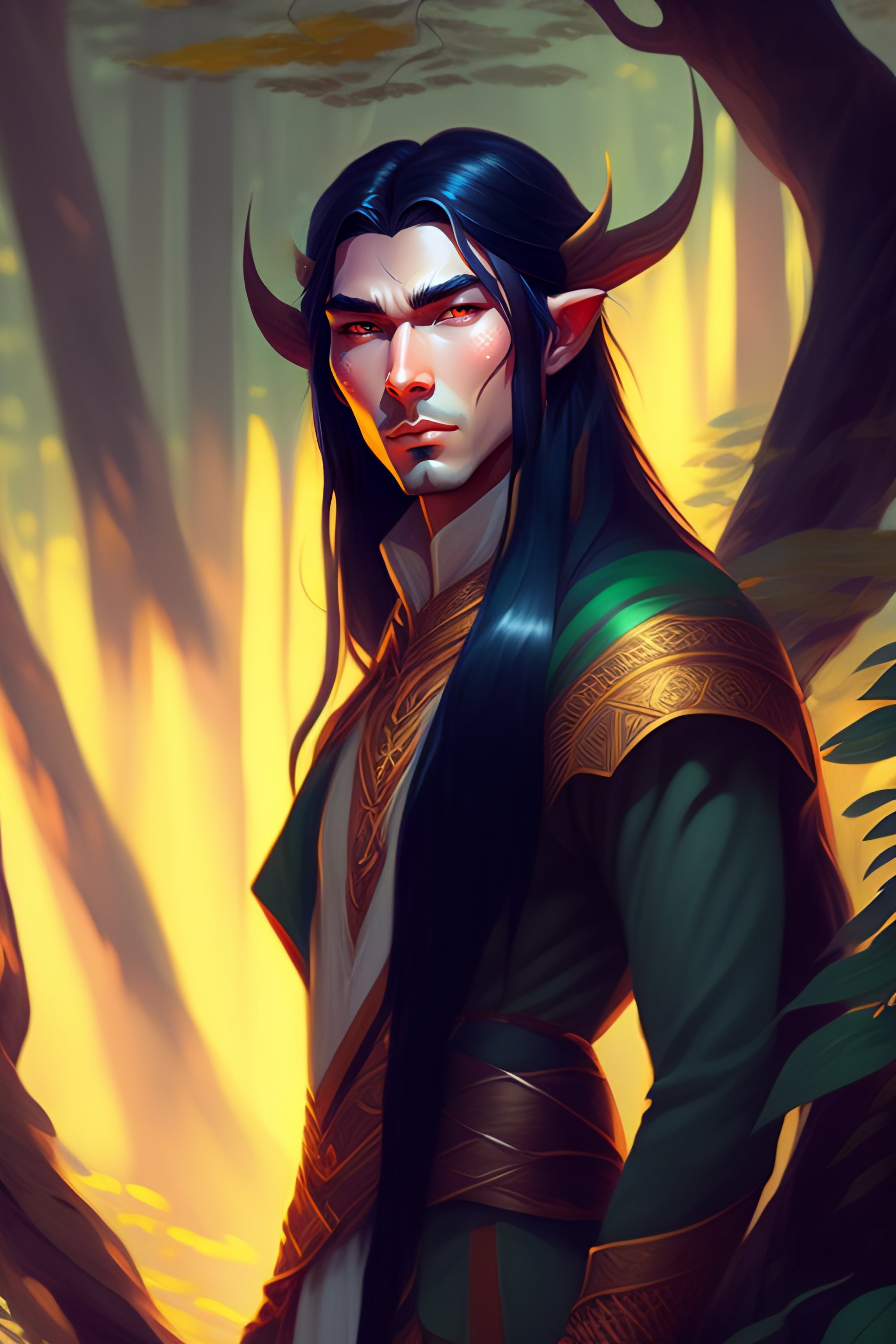 Lexica - Young beautiful male forest spirit, elven, long black hair ...