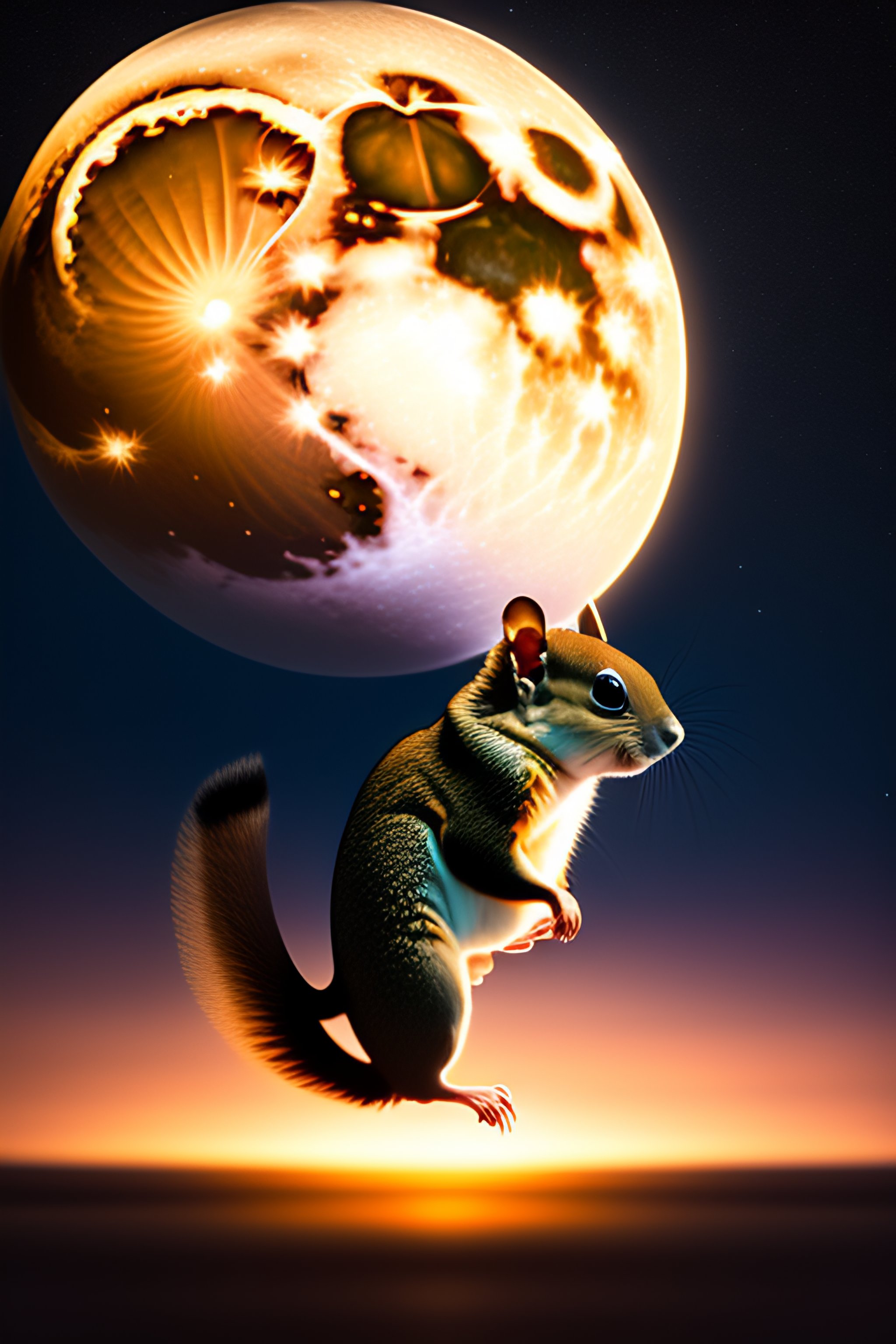 Lexica - A flying squirrel landing in a night with a moon