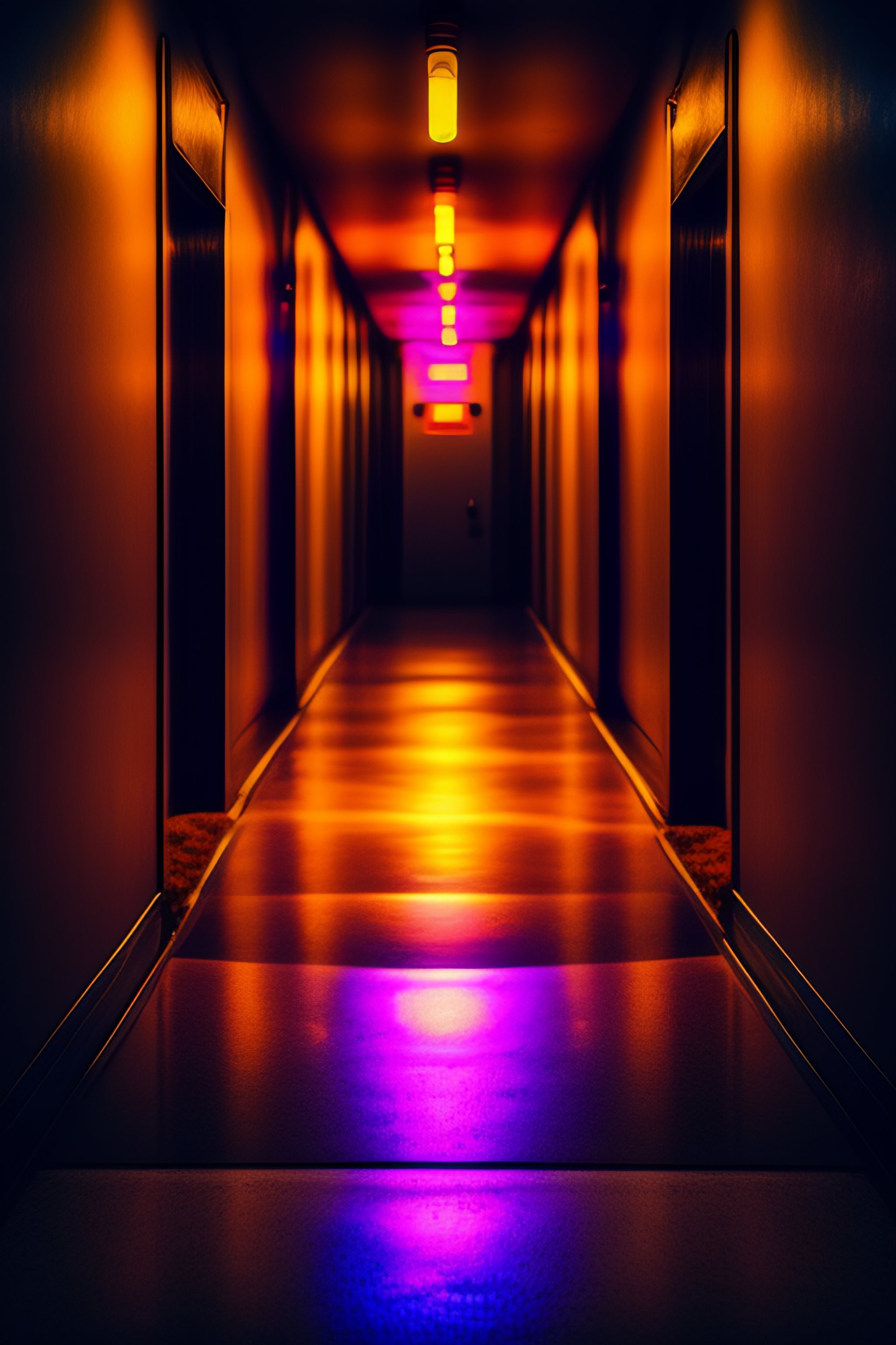 Lexica - A long dark concrete hallway with a neon path and a flashing ...