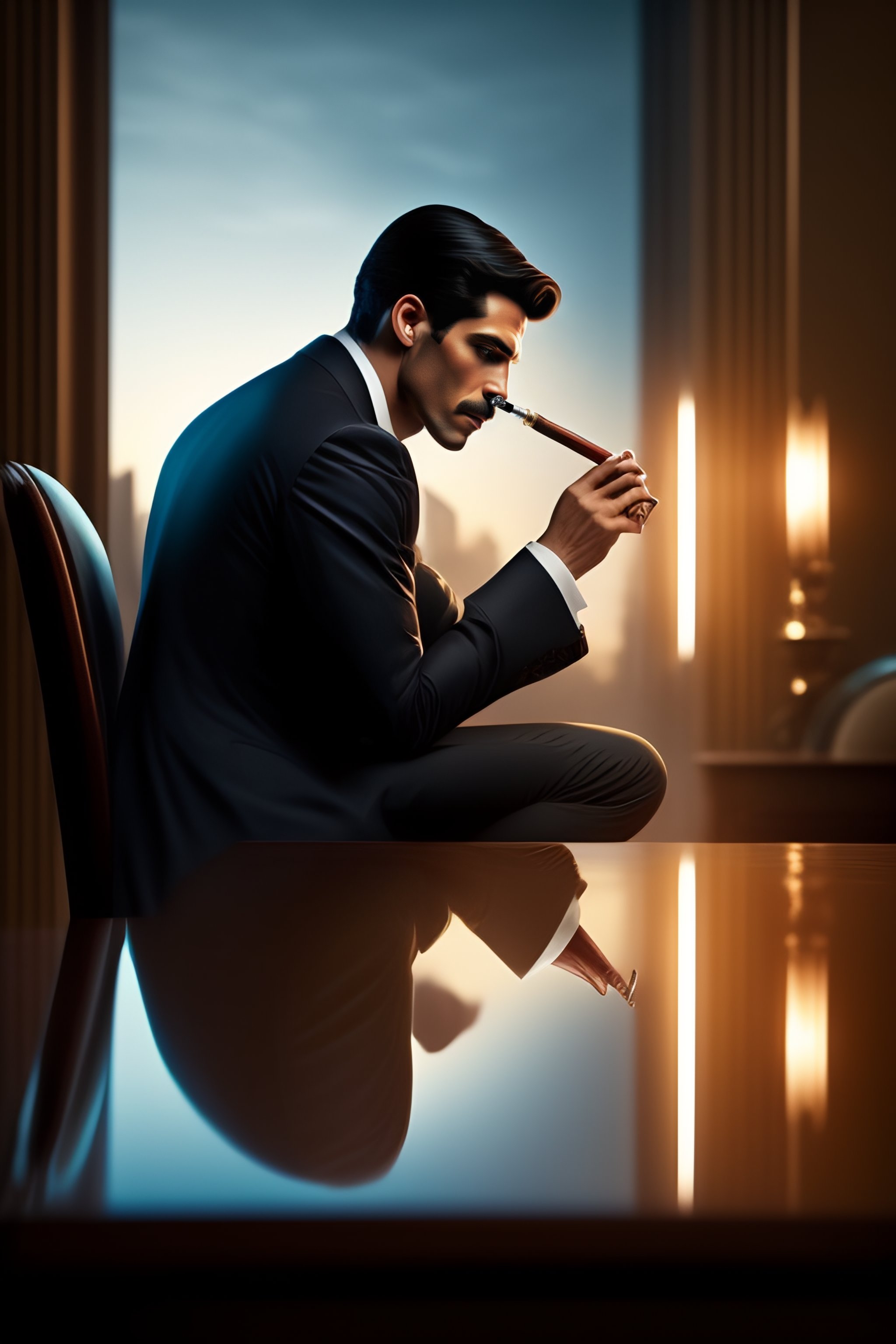 Lexica - Tall withe detective with a cigare in the hand, sit down on ...