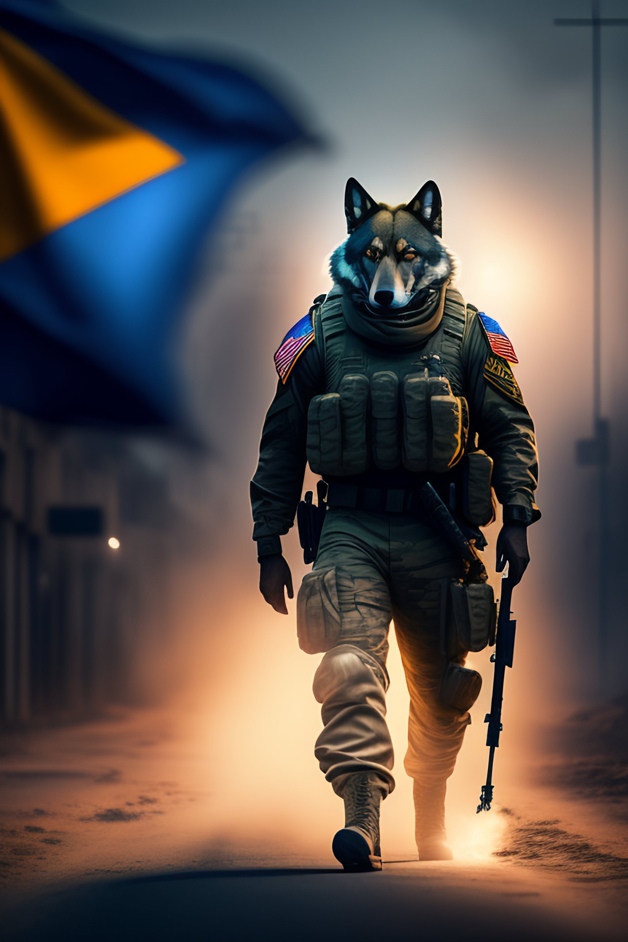 Lexica - A military alpha wolf with a machine gun walking with the flag ...