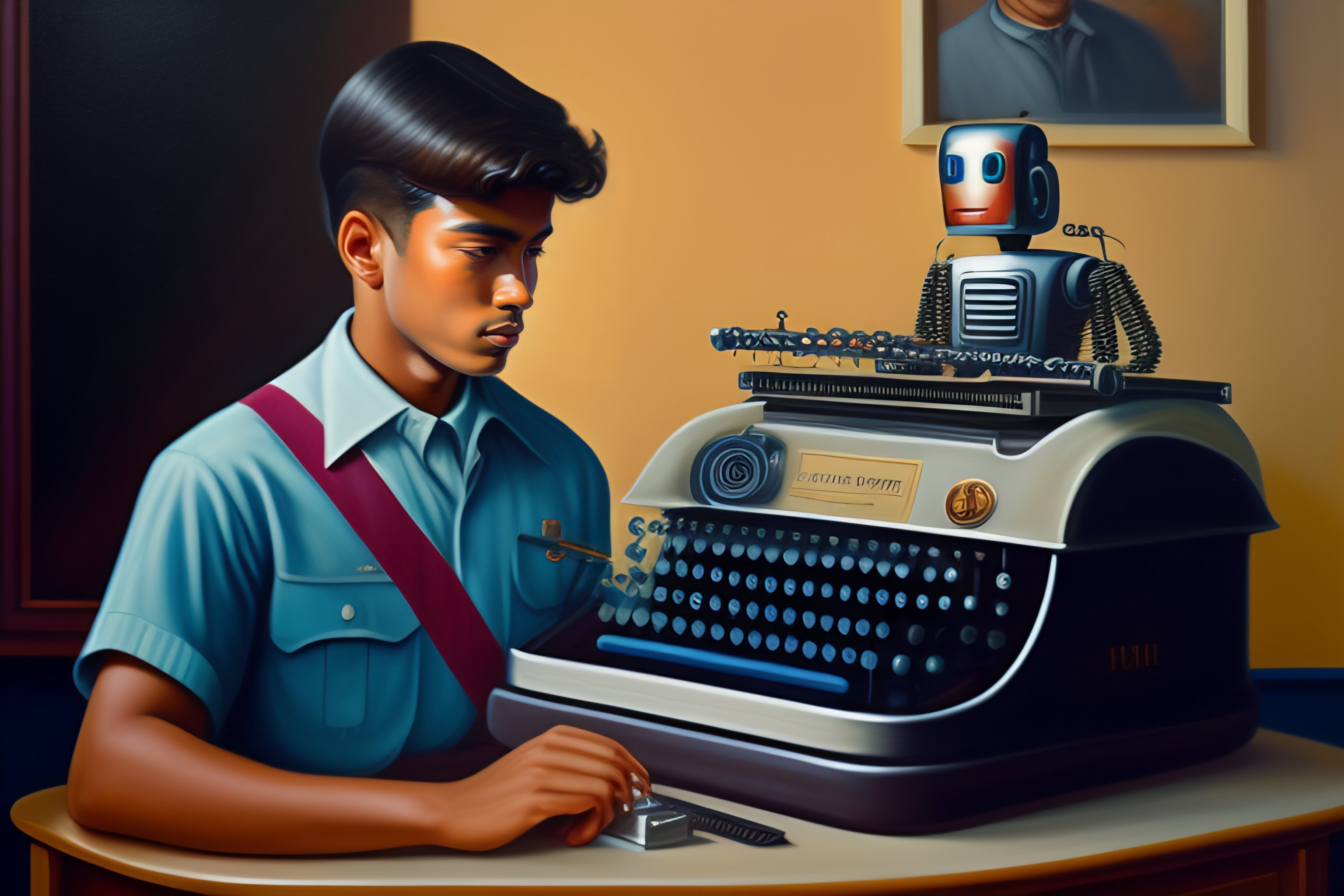 Lexica - Oil painting of a young man, a robot, and a typewriter.