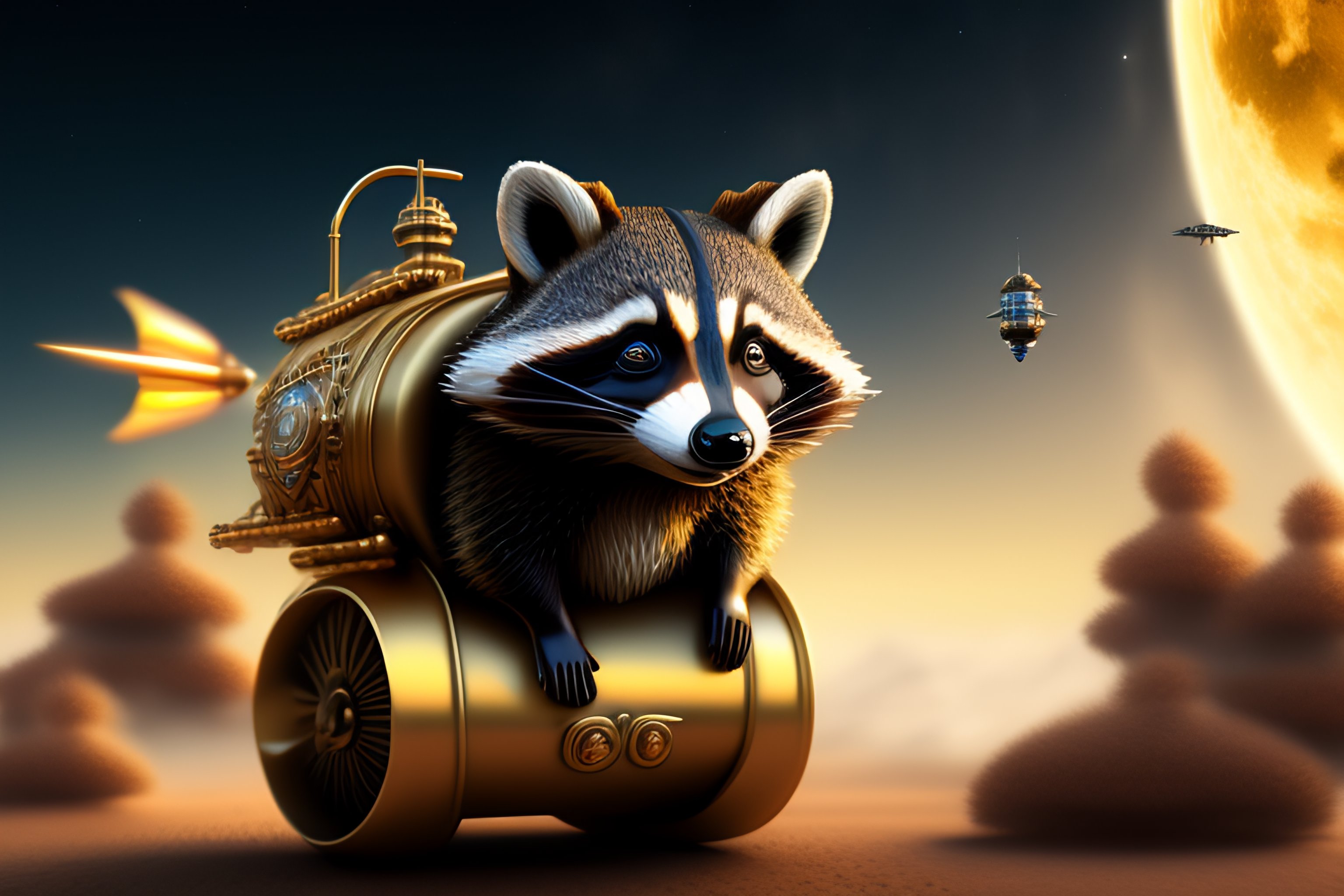 Lexica - Raccoon in a steampunk unform riding on a rocket towards the ...