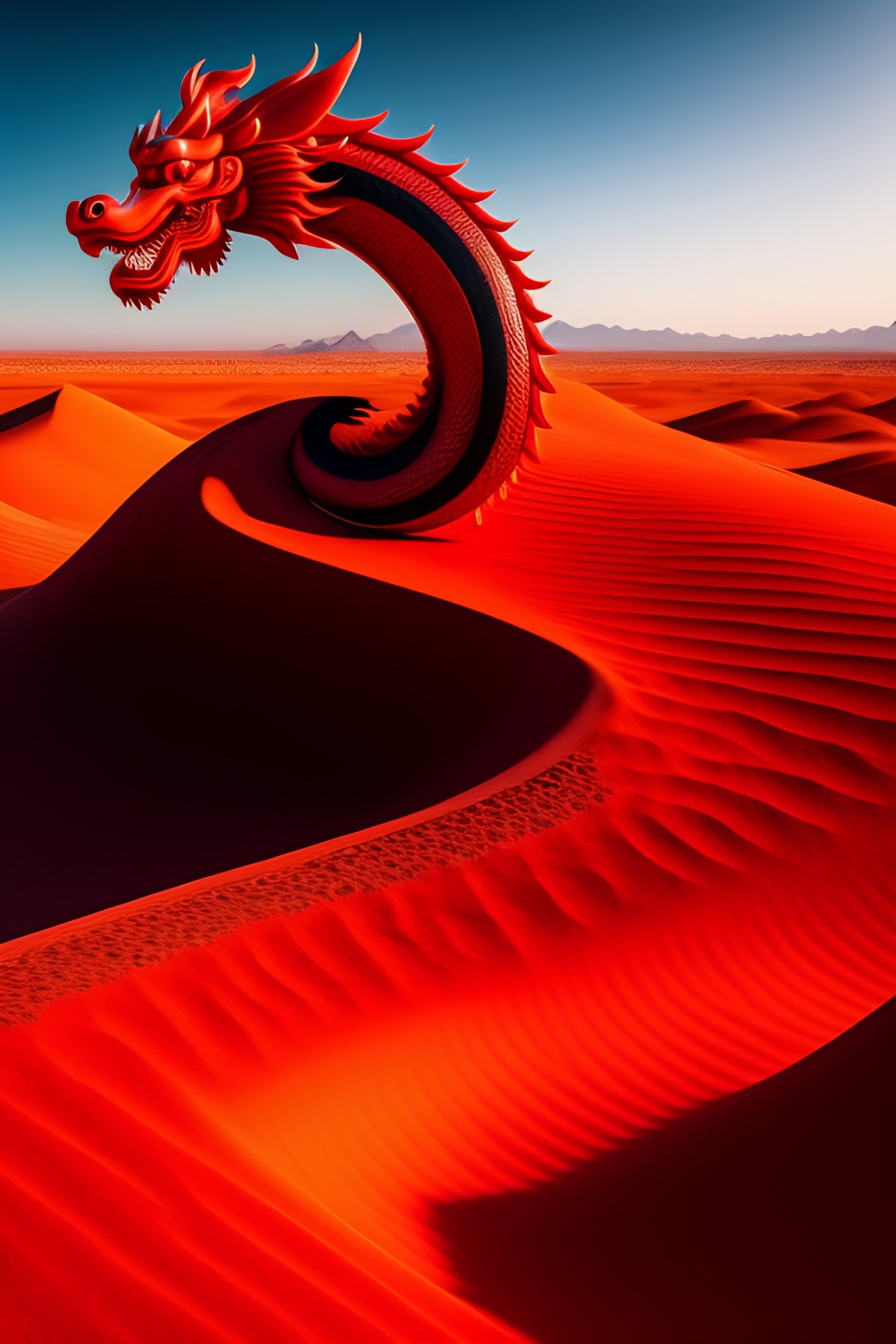 Lexica - A red and black Chinese dragon on a desert