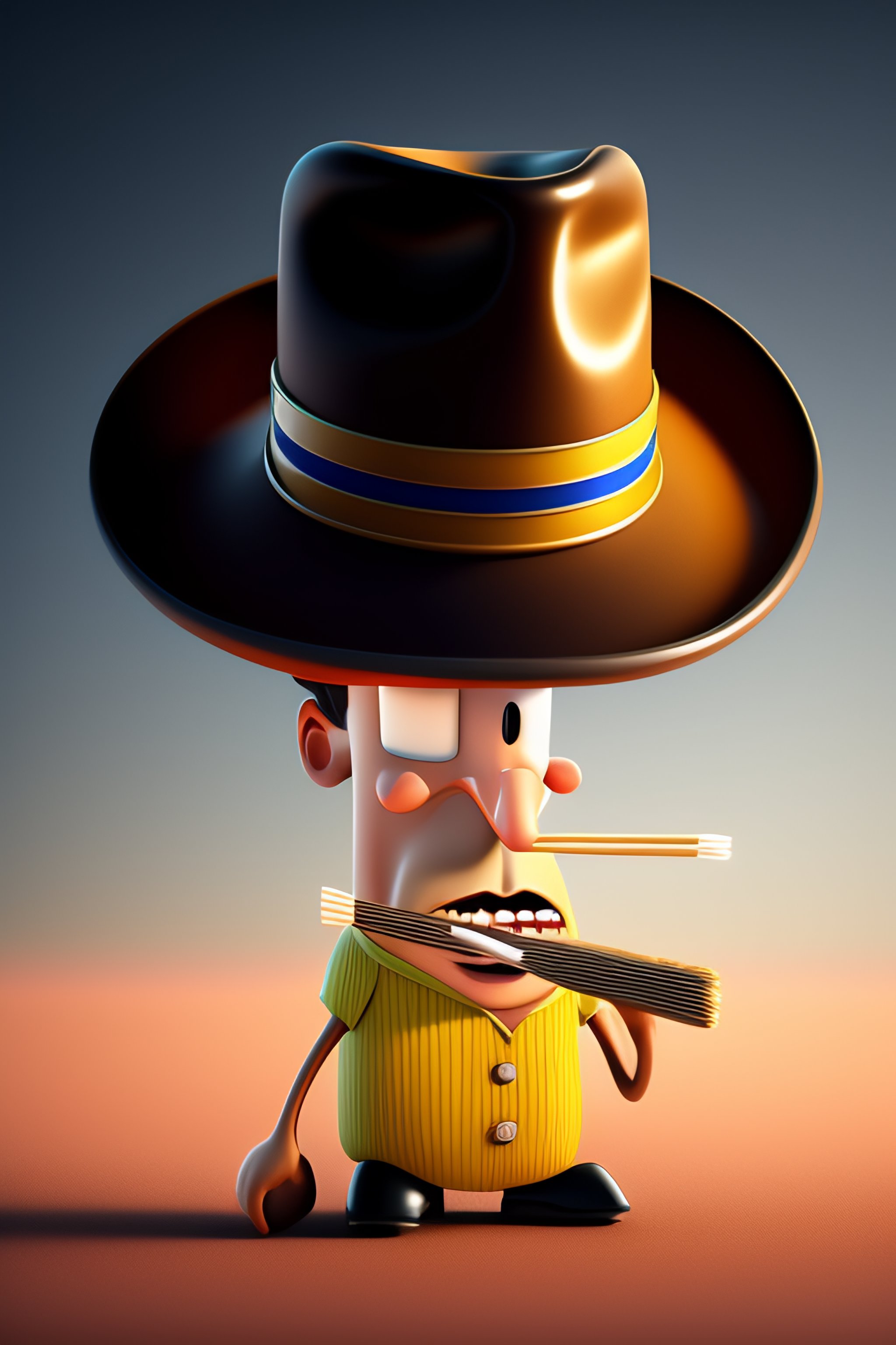 Lexica - A 2d rounded head cartoony character with a cowboy hat chewing ...