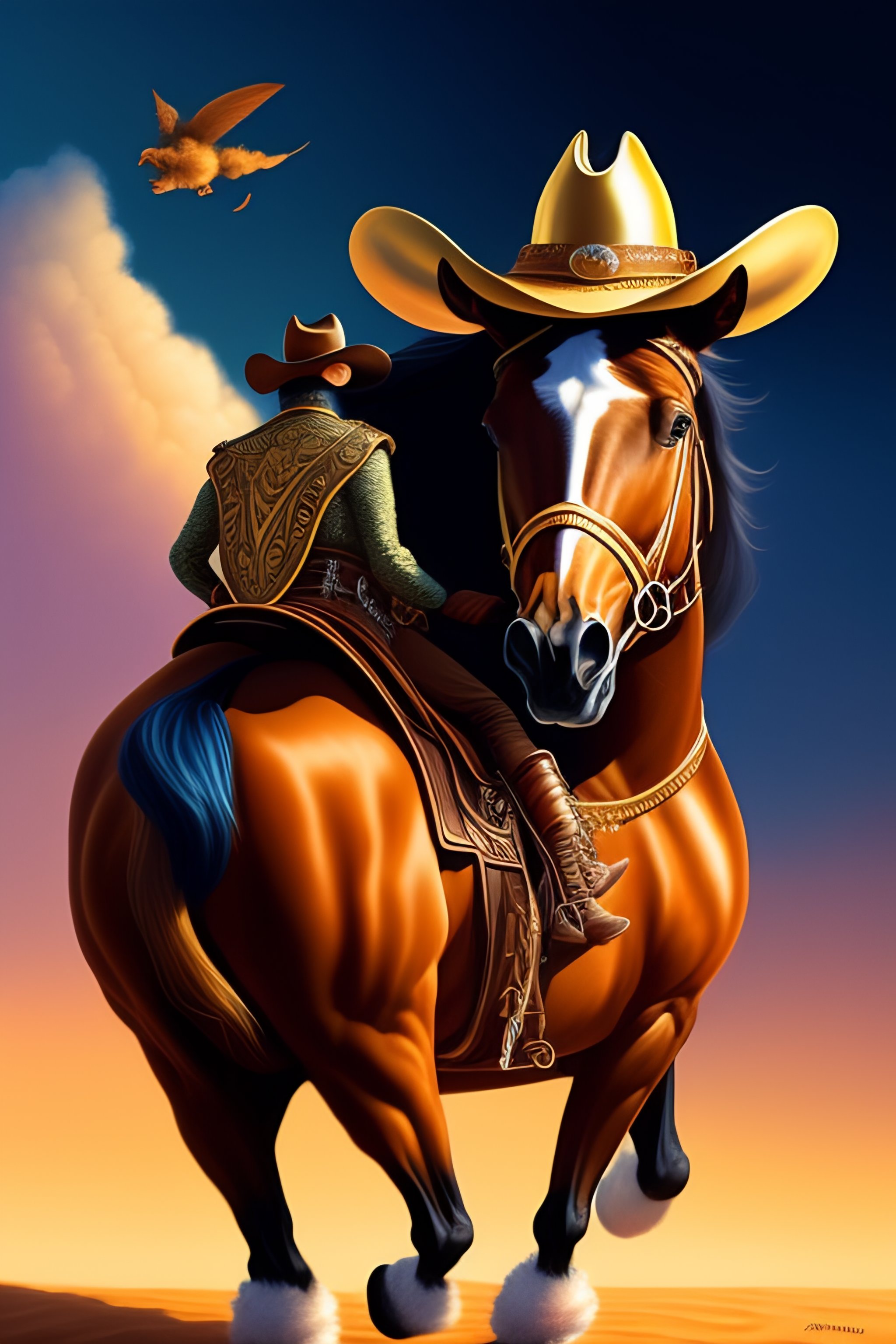 Lexica - The guitar with cowboy hats and eyes riding on the horse ...