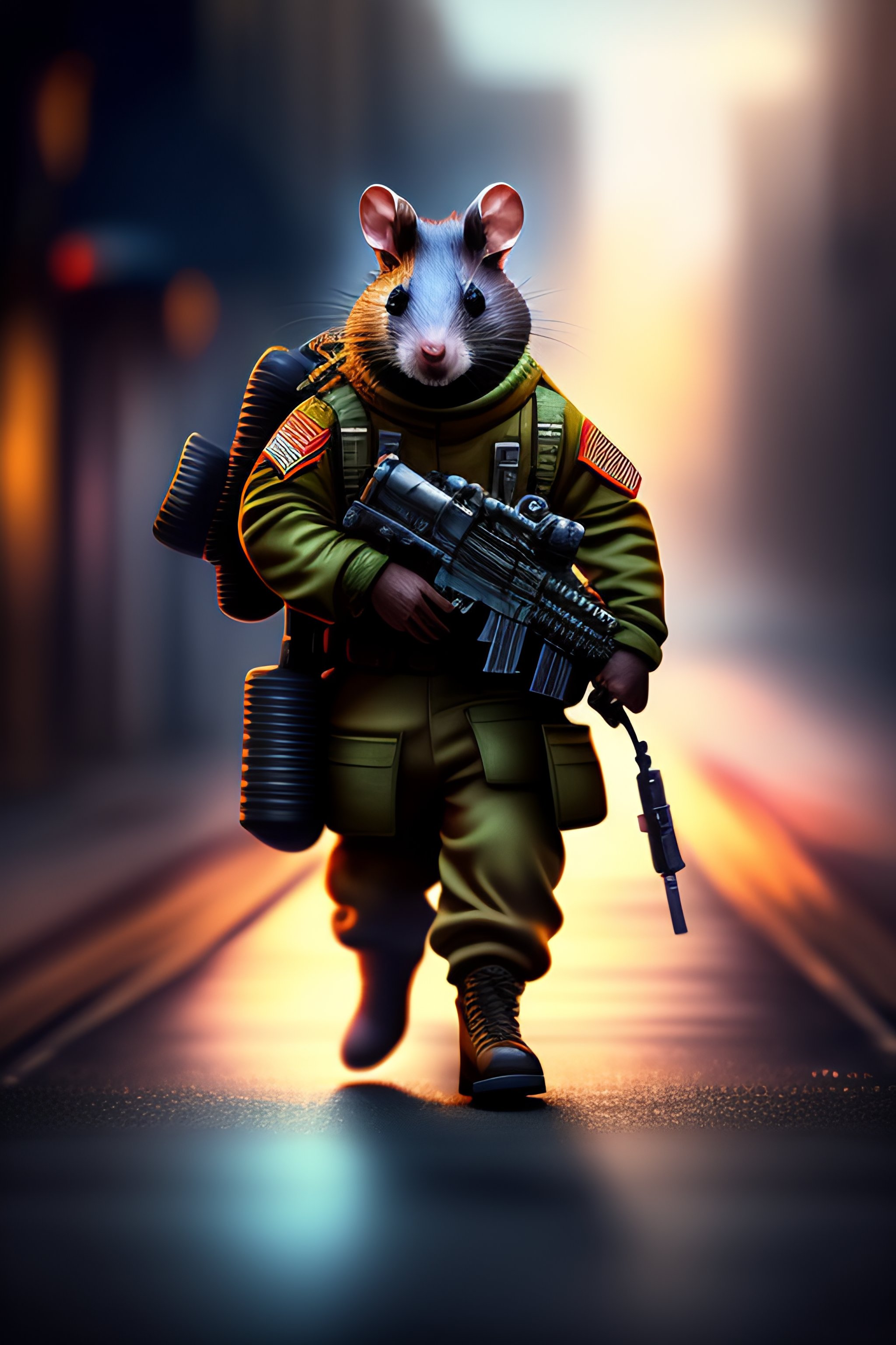 Lexica - A military rat with a machine gun walking with a baby by an ...