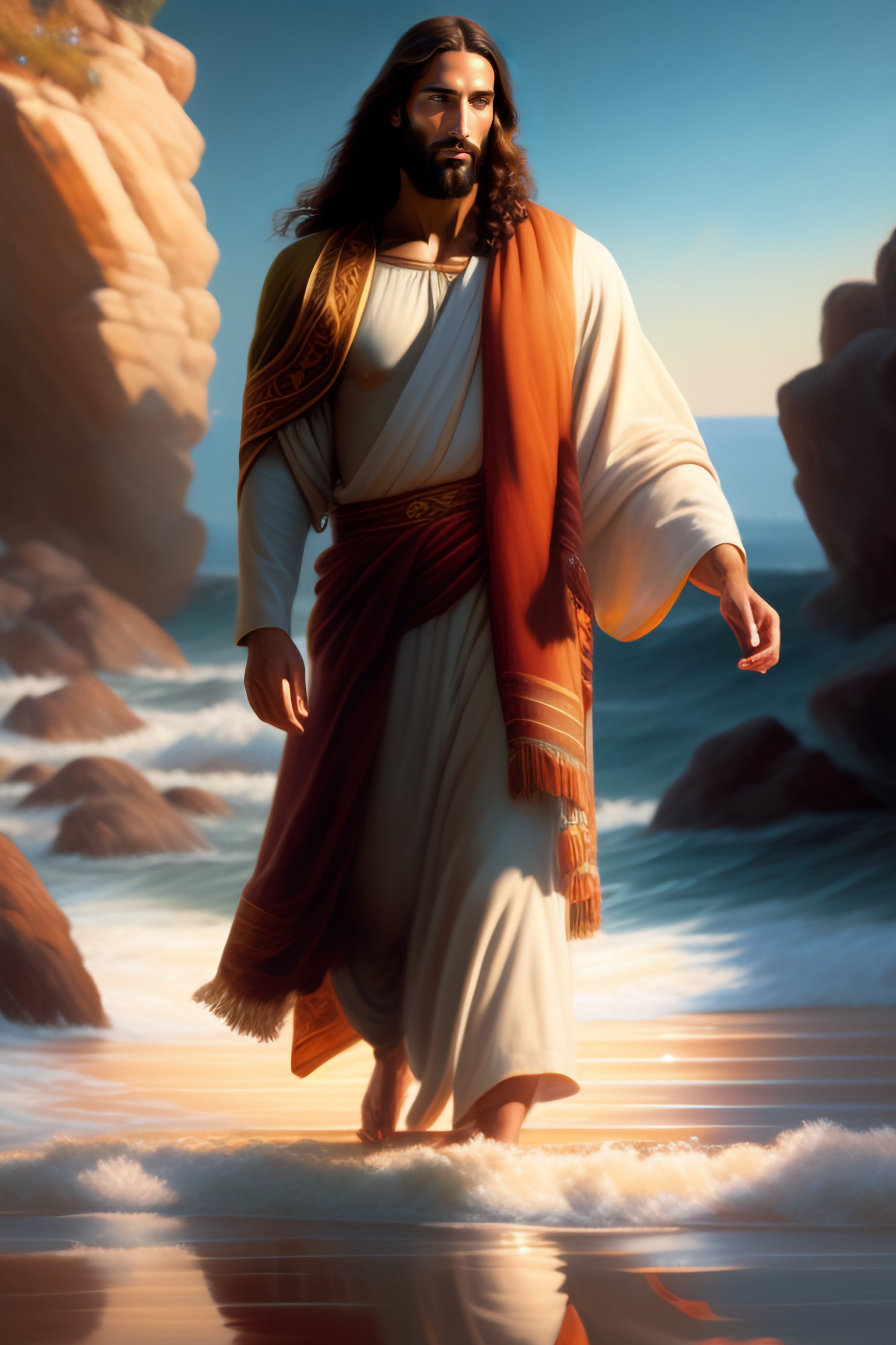 Lexica - Painting of jesus christ walking on water, realistic, highly ...