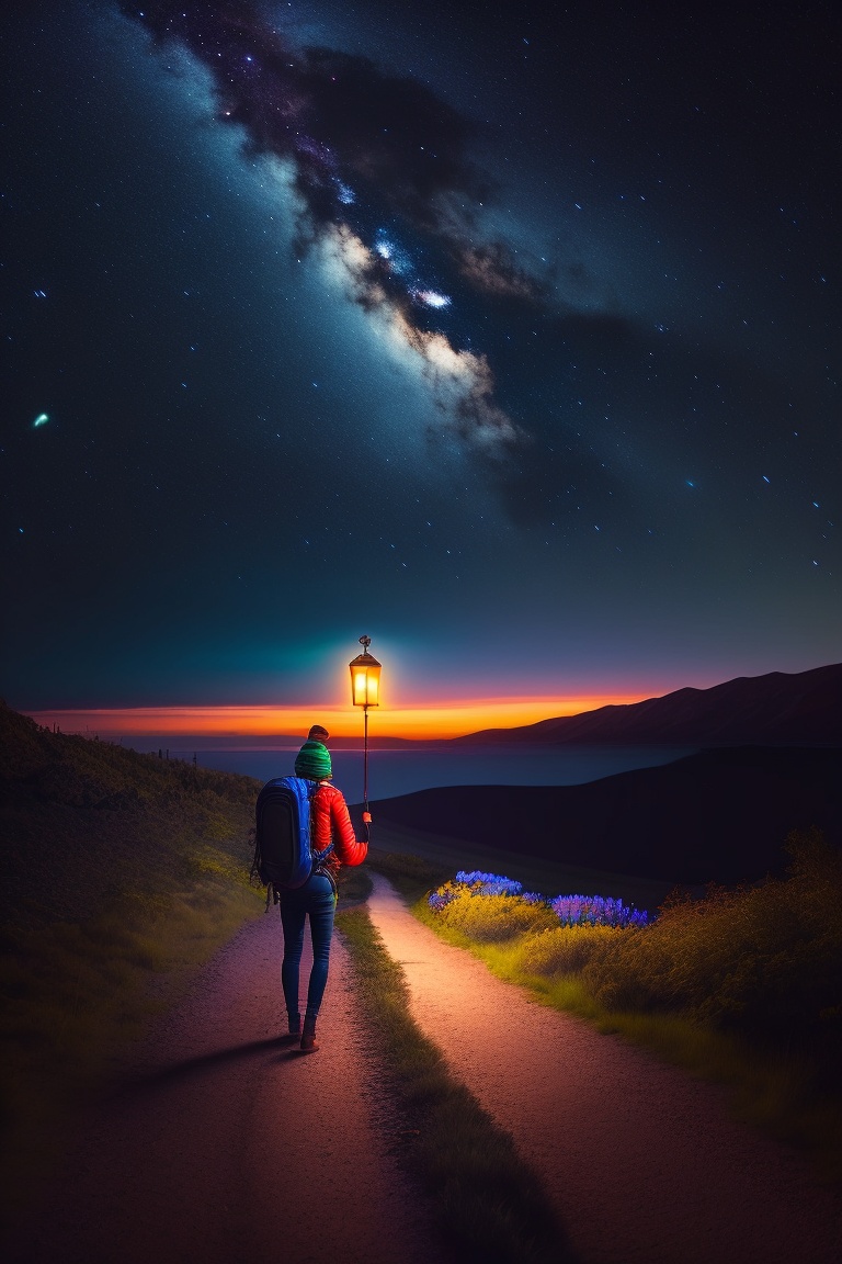 Lexica - A nightscape with bright stars and a person holding a lantern ...