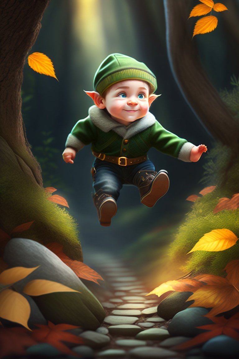 Lexica - In a realistic style, the little elf leaps along the path of ...