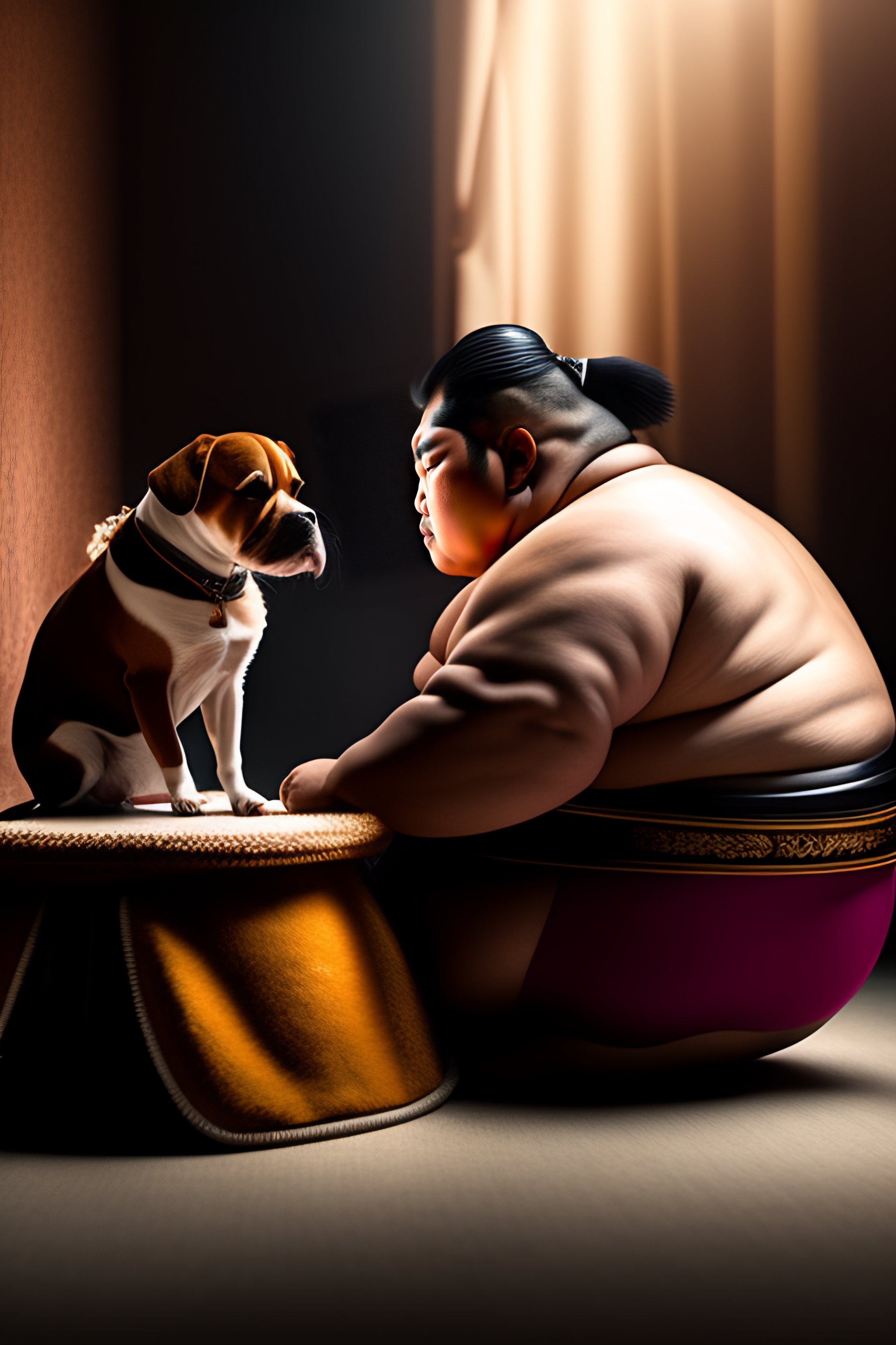 Lexica - Photography, sumo man sitting on a stool, sleeping dog under ...