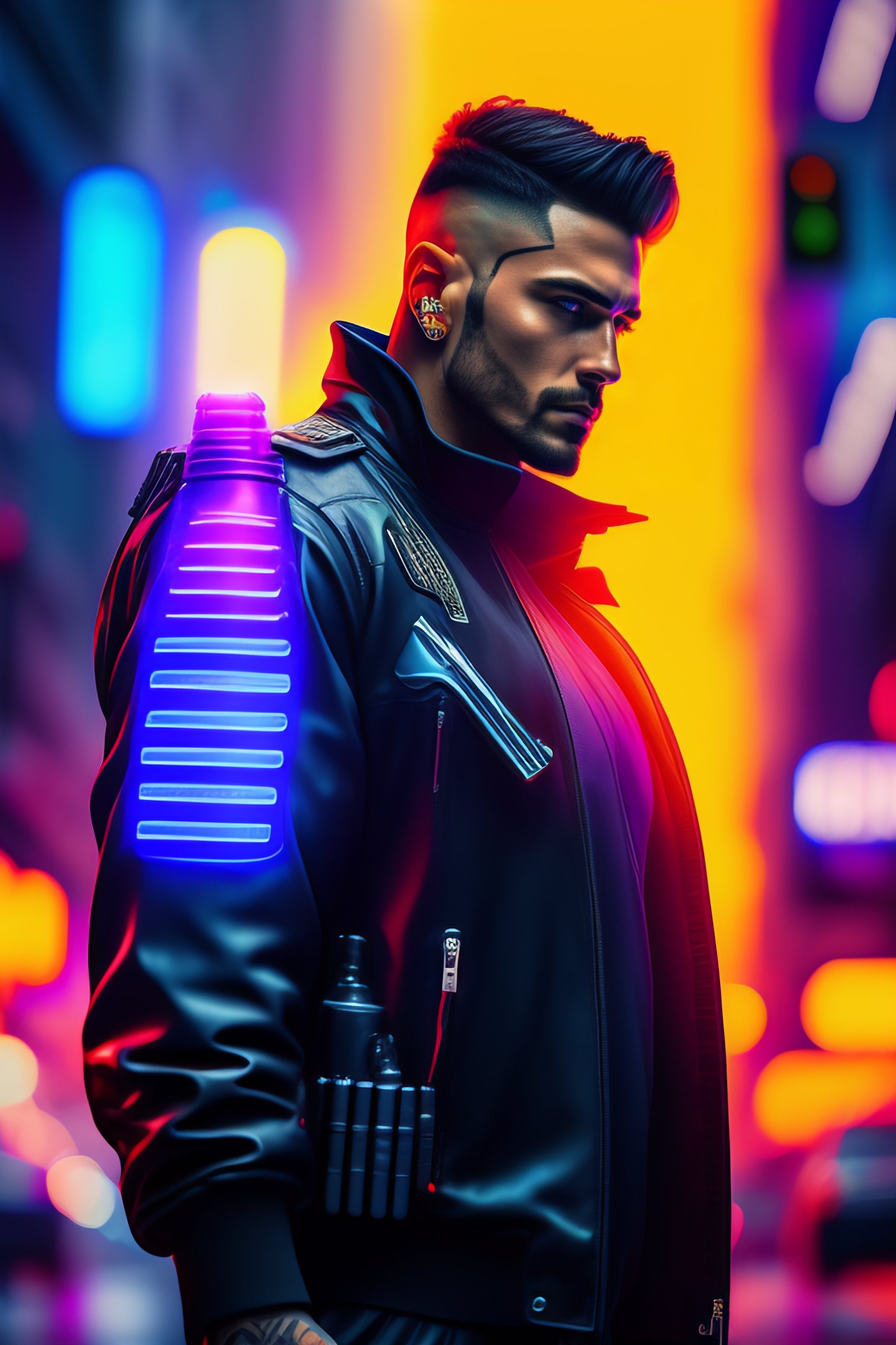 Lexica - Futeristic cyberpunk male cop holding gun, heavy rain neon ...