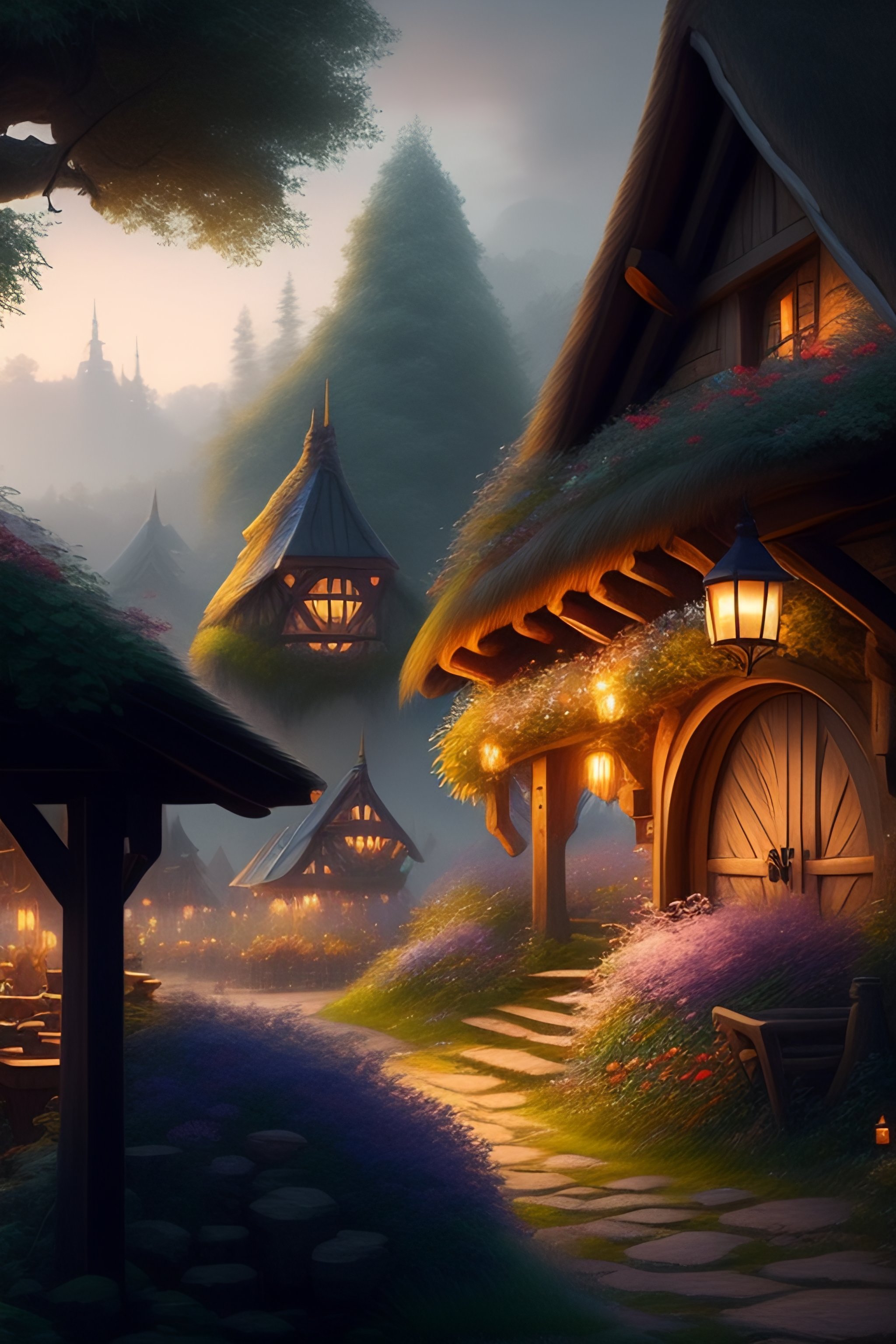 Lexica - Hobbit village, market, flowers, trees, crowded, peaceful ...