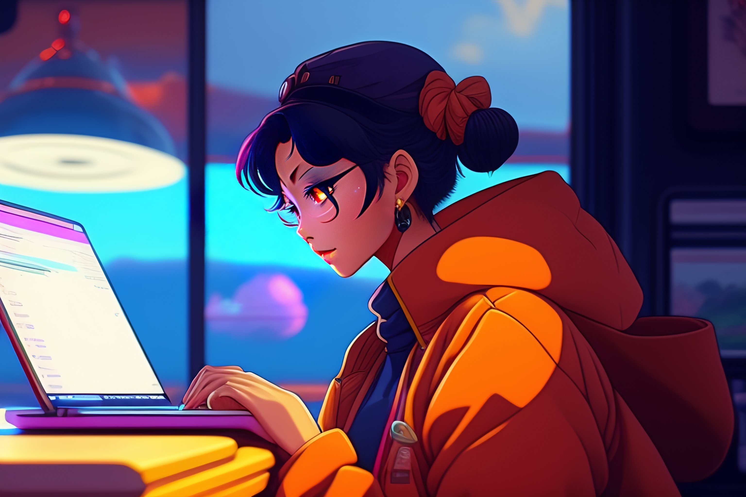 Lexica - A screenshot from right behind a woman sitting in a chair ...