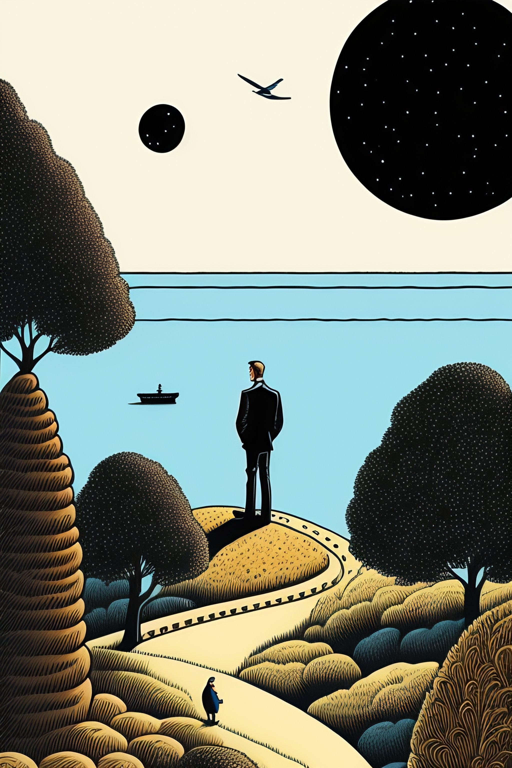 Lexica - A alone man. pen and ink, birds eye view, illustrated by hergé ...