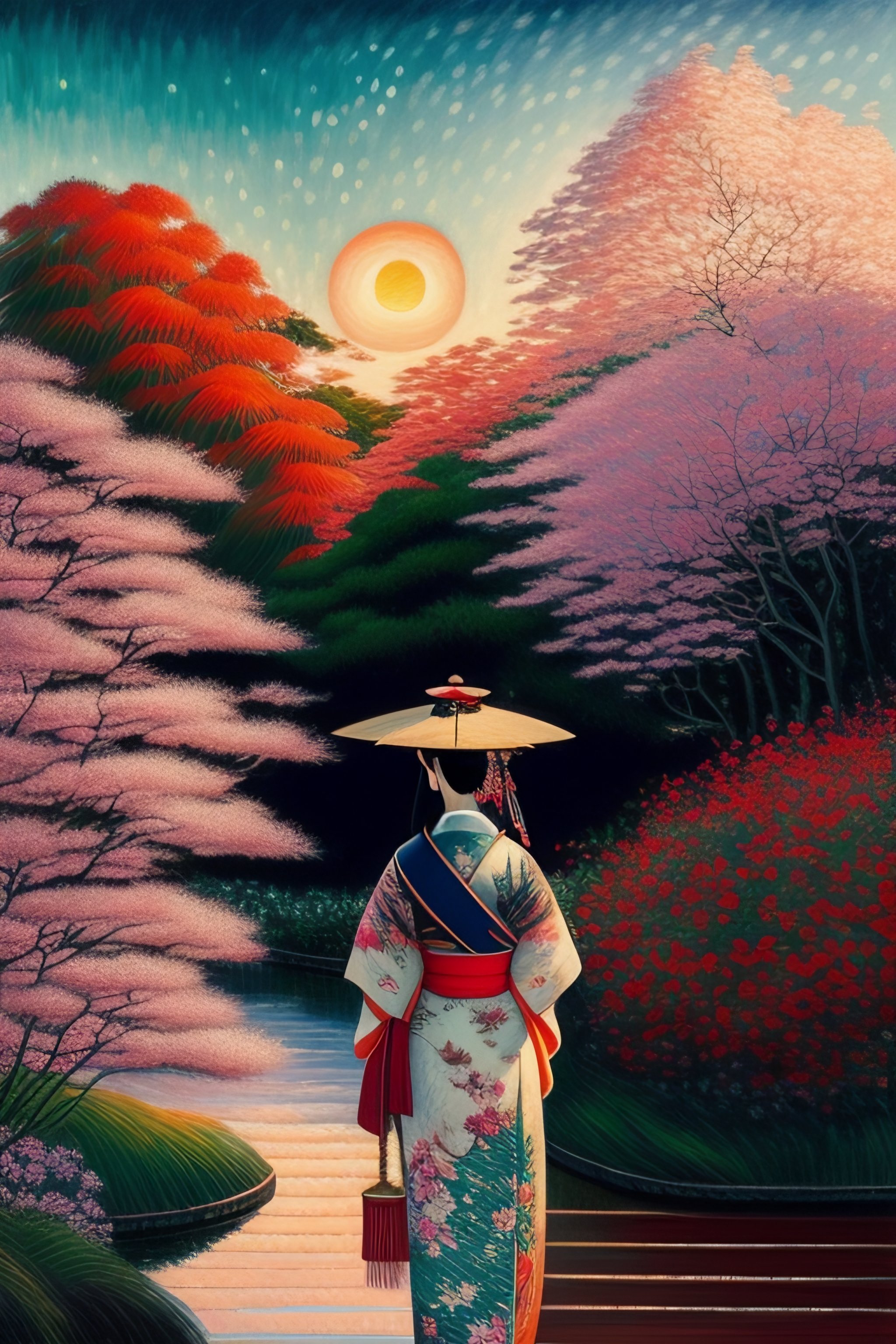 Lexica - Drawing of a geisha walking at sunset through a Japanese ...