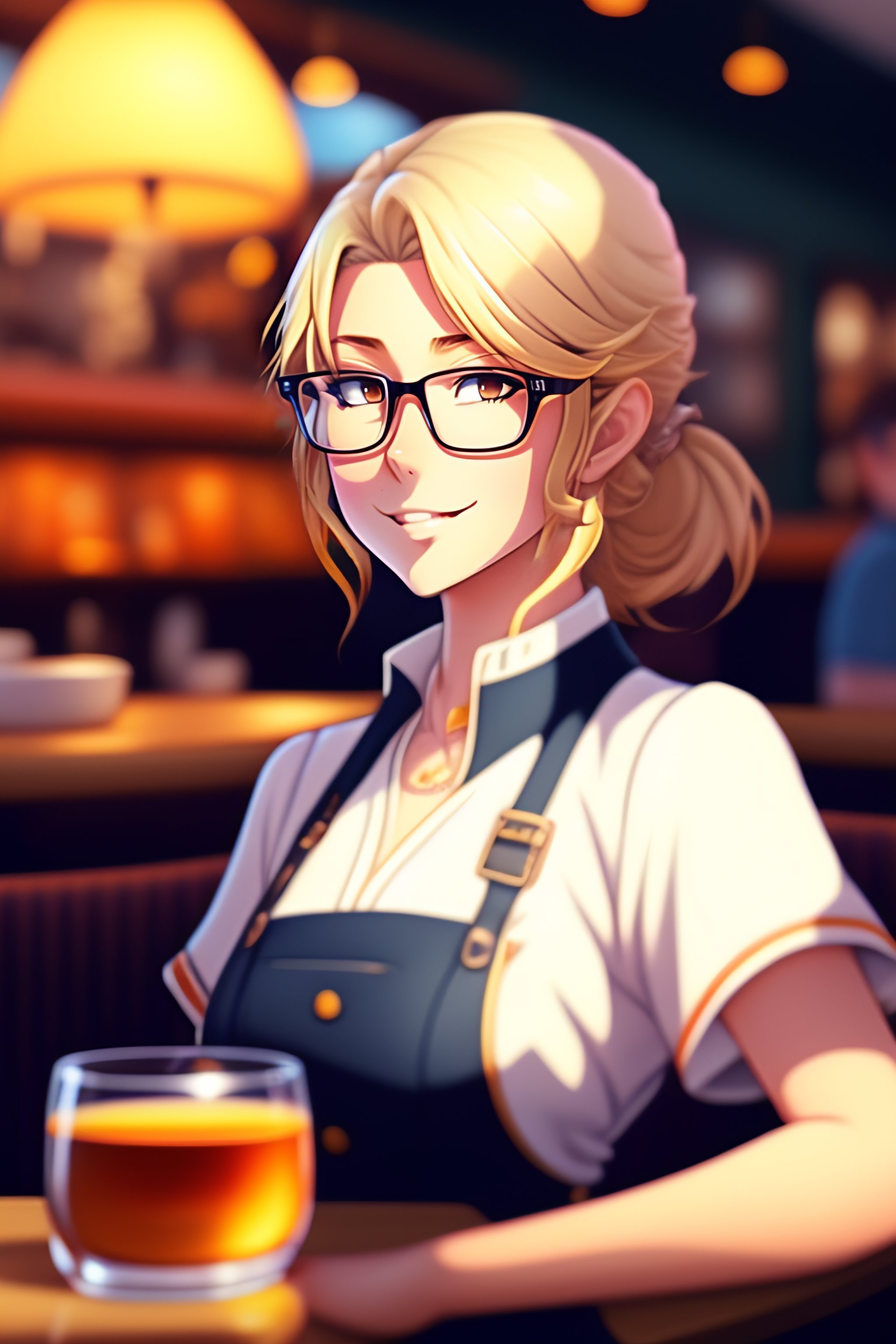 Lexica - A blonde girl with glasses leaning forward, anime style ...