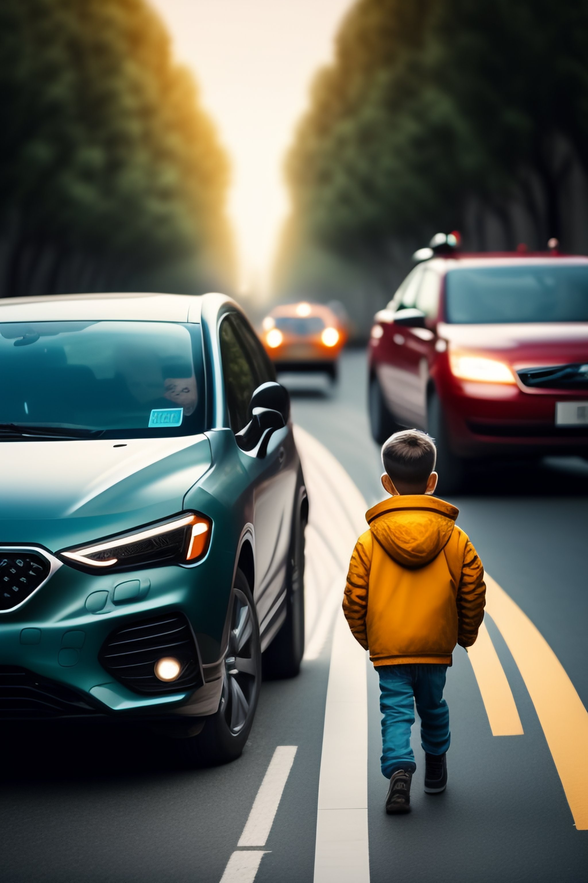 Lexica - A boy helping a man crossing the road in busy traffic