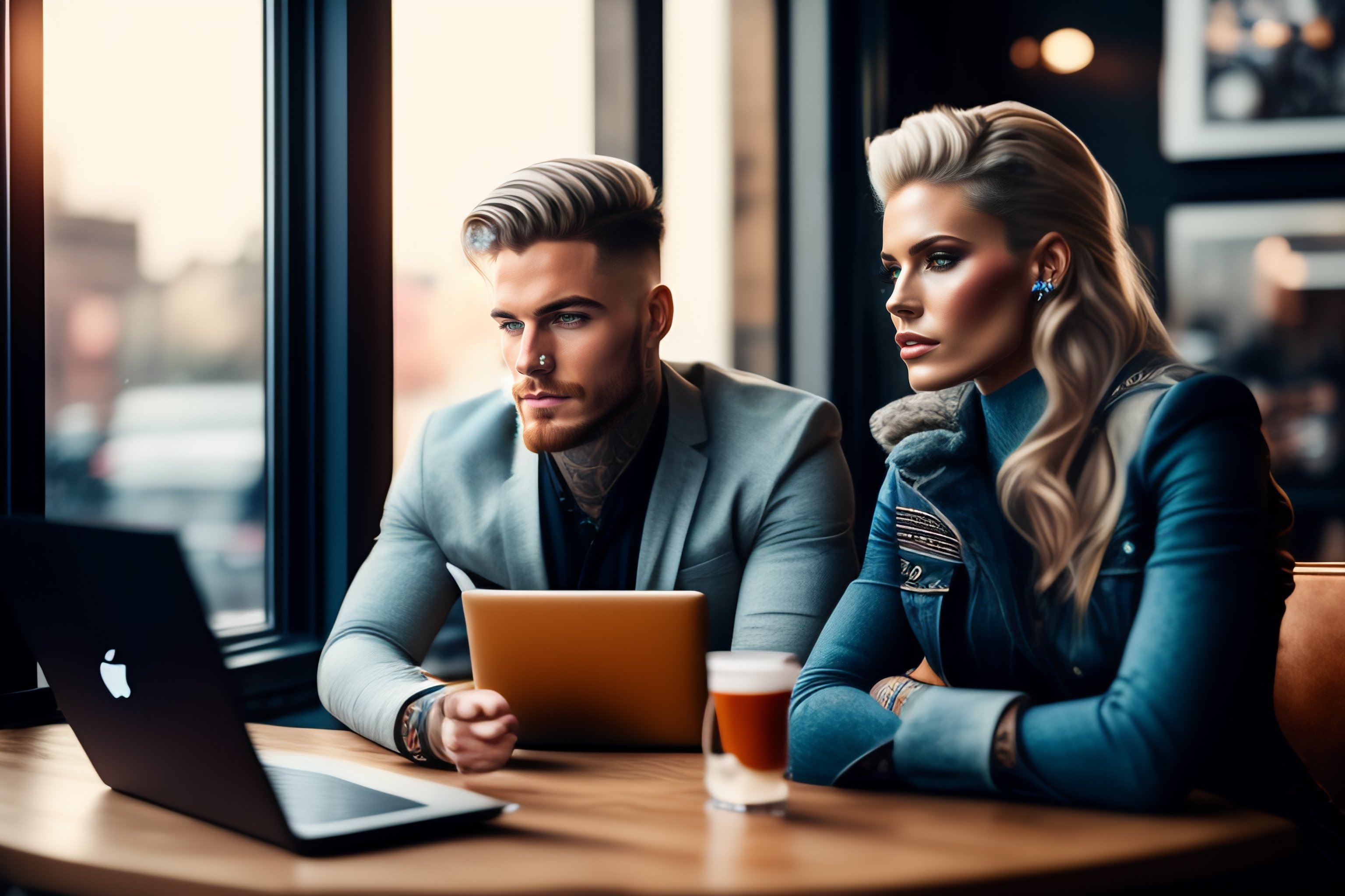 Lexica - Pr agent, hipster, tattos, working in cafe, laptop of brand ...