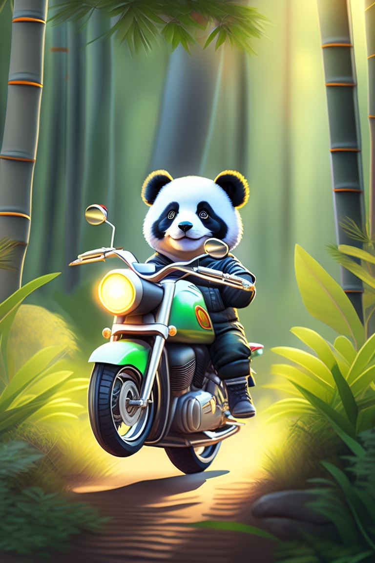 Lexica - Baby boy panda bear ride motorcycle in the thick bamboo forest ...