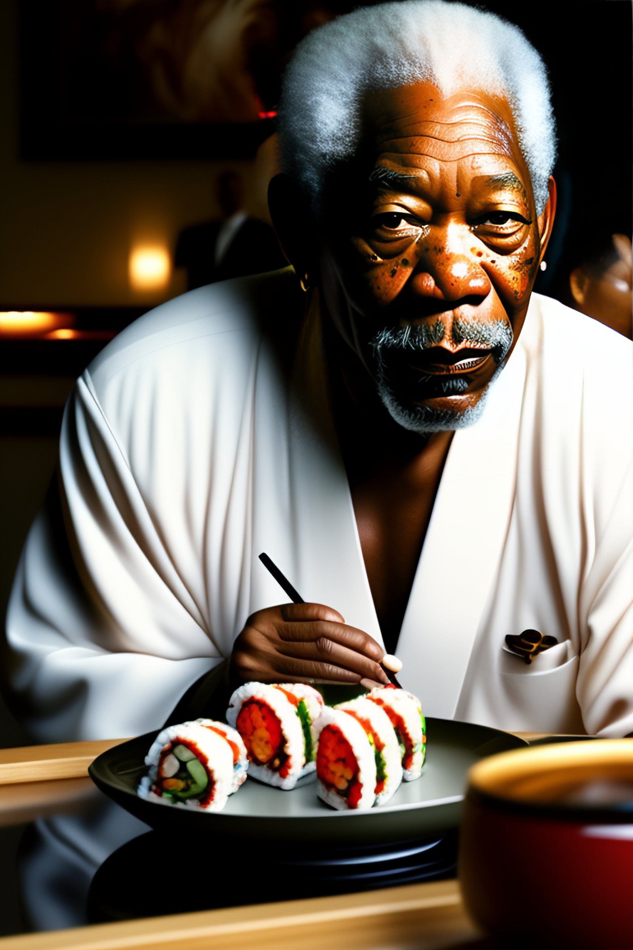 Lexica - Morgan freeman eating sushi