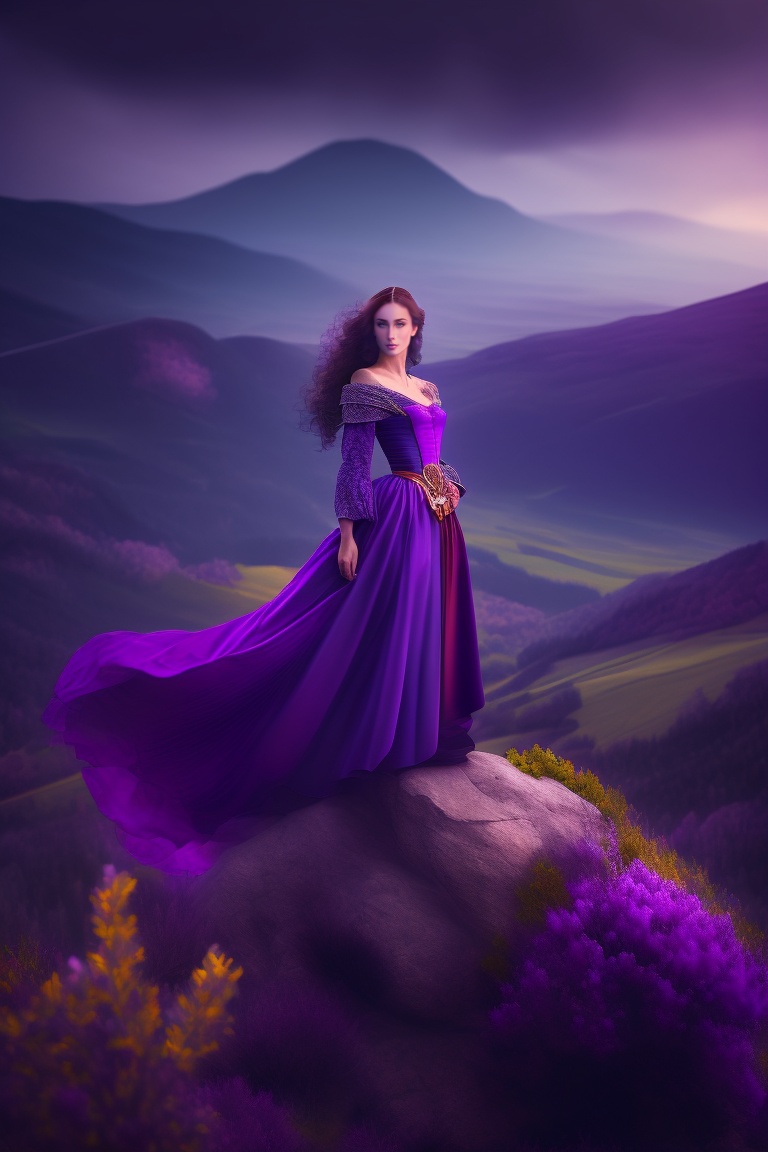 Lexica - Beautiful medieval woman on top of a moutain, purple mood