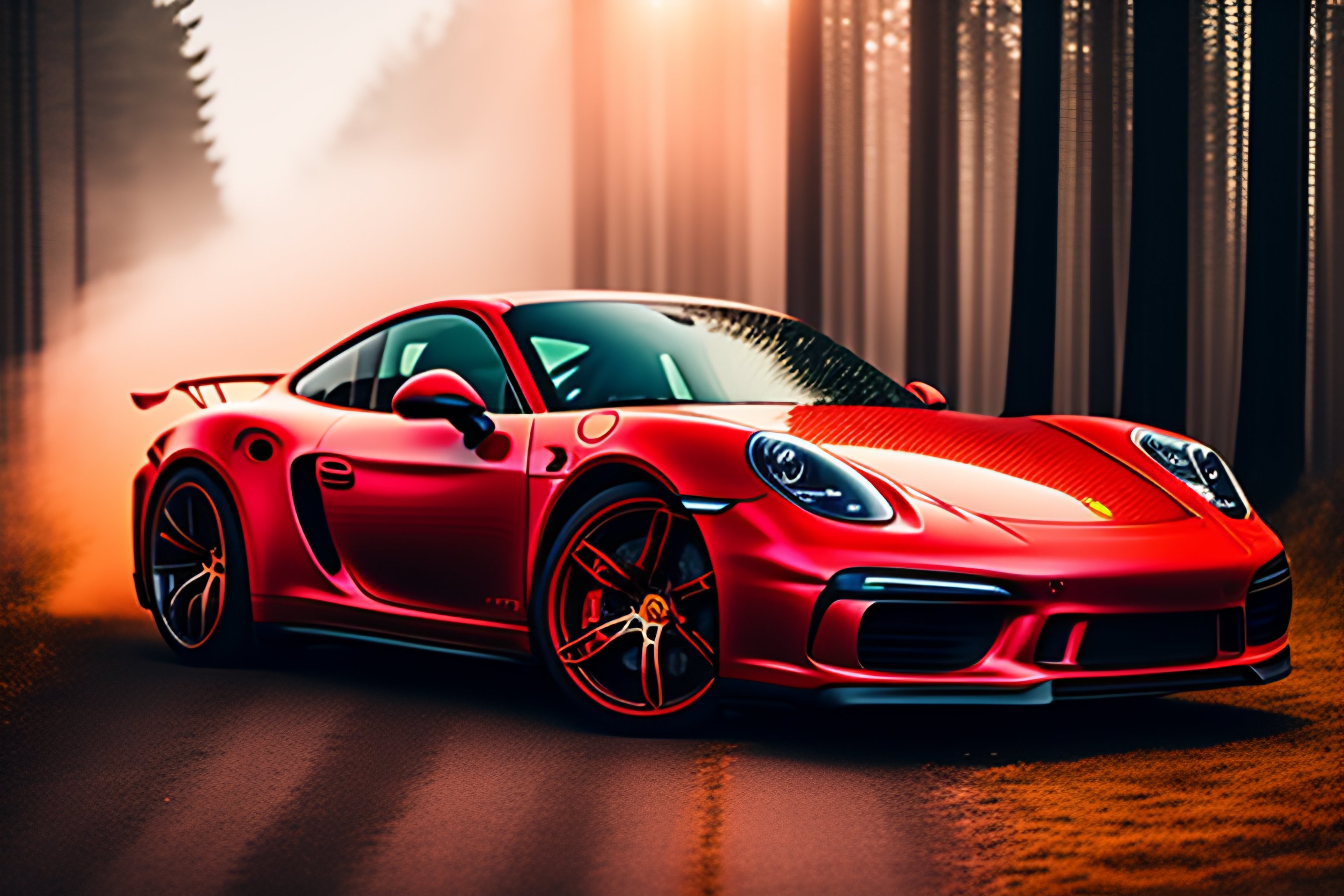 Lexica - As the sun begins to set, a vibrant red Porsche emerges from ...