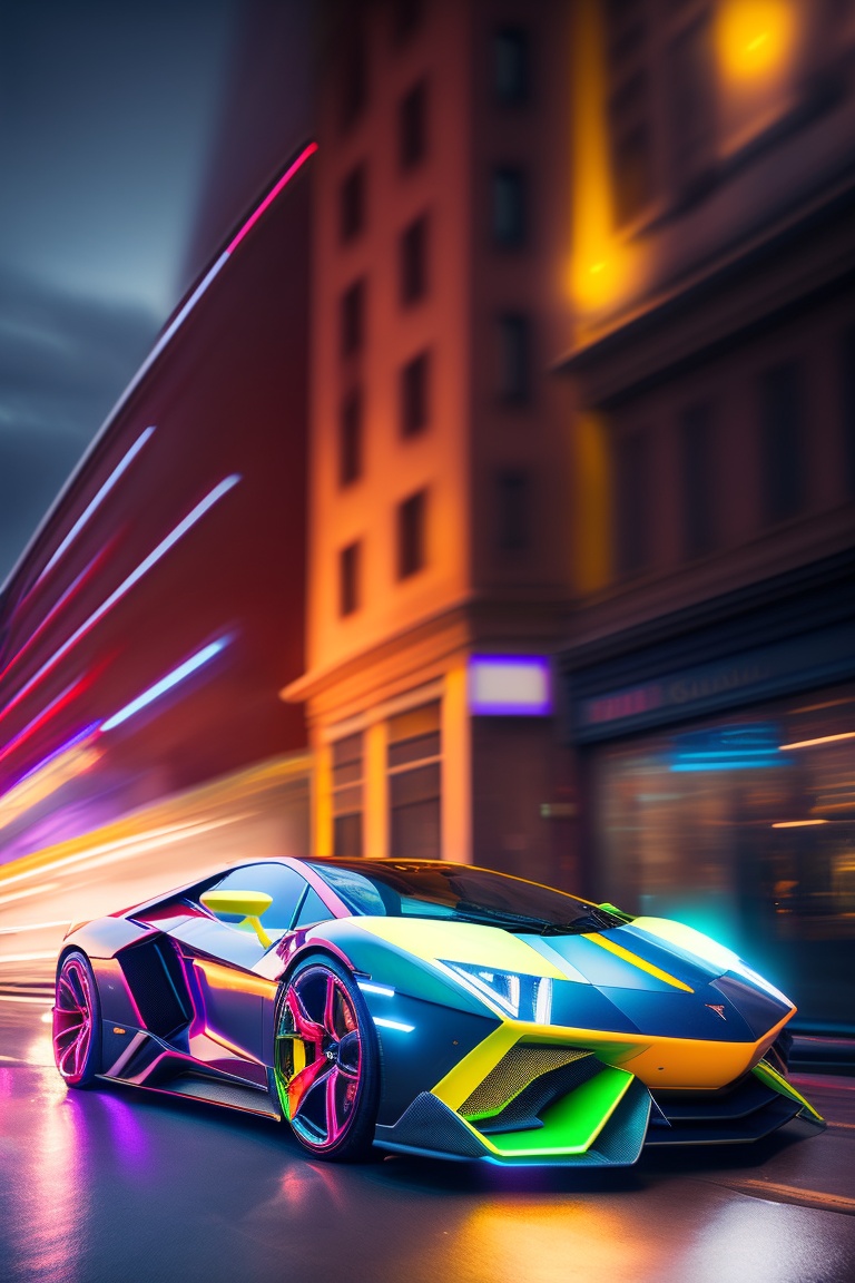 Lexica - Slow shutter speed photo of a cyberpunk , neon , architecture ...