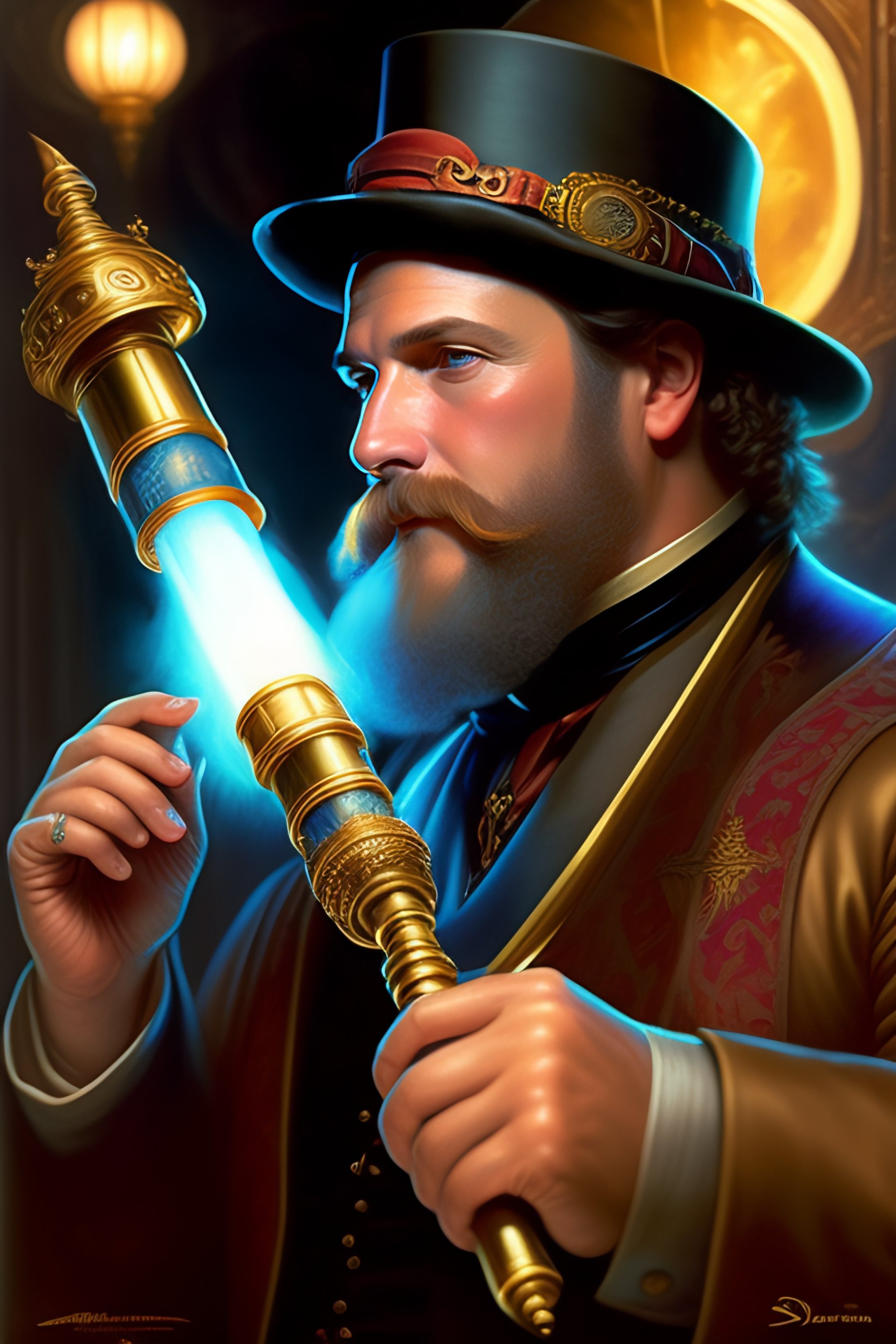 Lexica - Wizard inventor, steampunk magic wand, painted by Drew Struzan