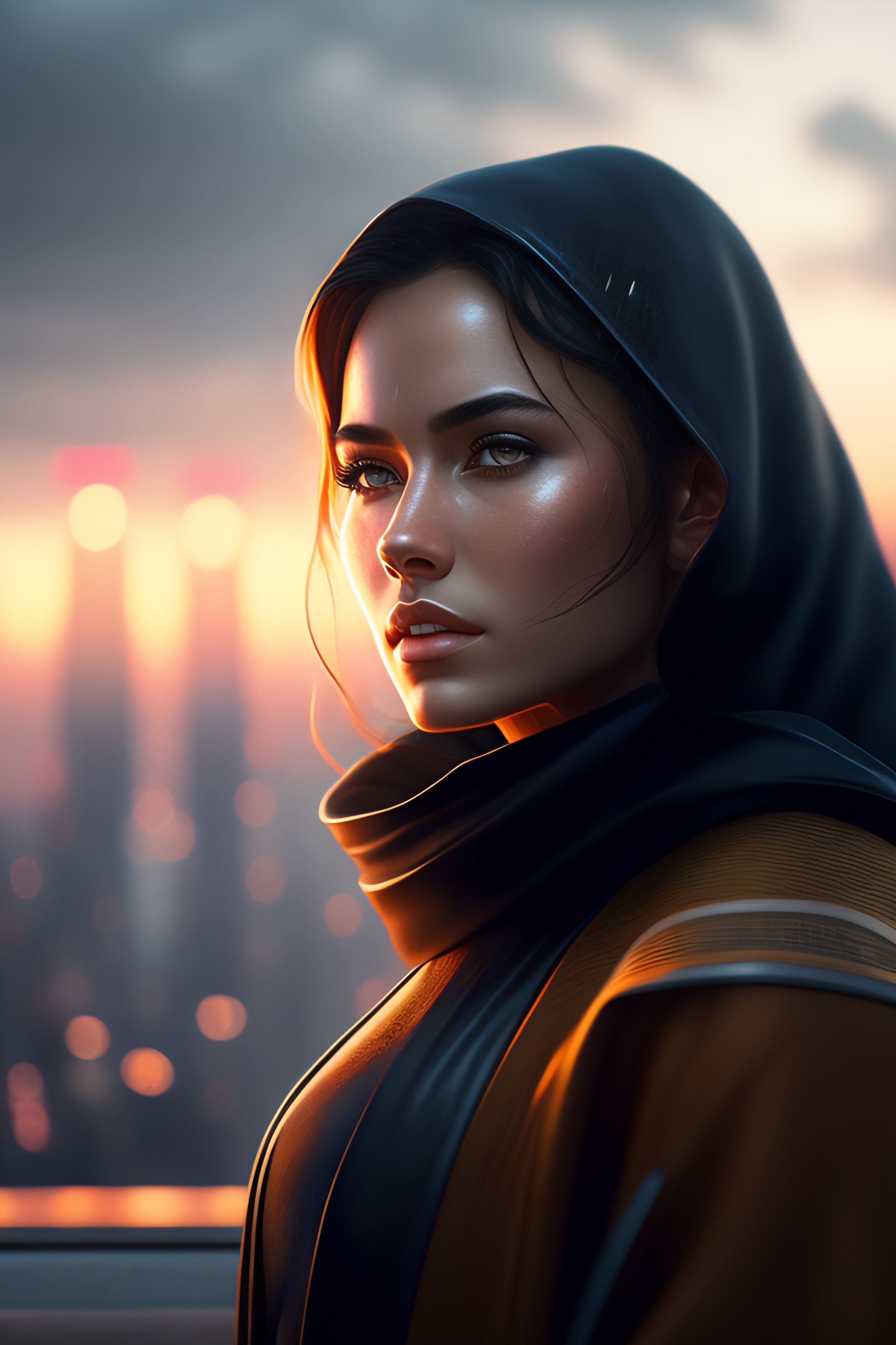 Lexica - Portrait of a jedi girl on a roof with a futurism city below ...