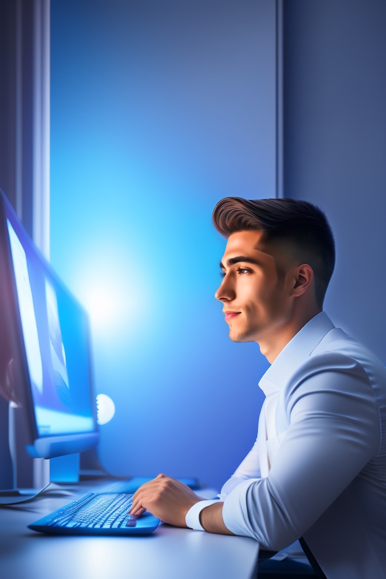 Lexica - A young man sitting, modem white desk, both hands on and take ...