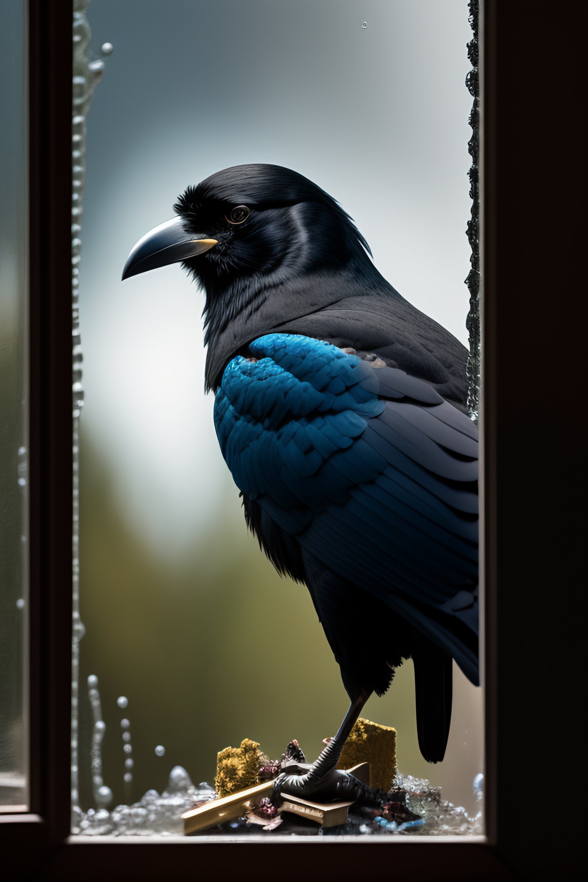 Lexica - A large black crow, peering through a old window with broken ...