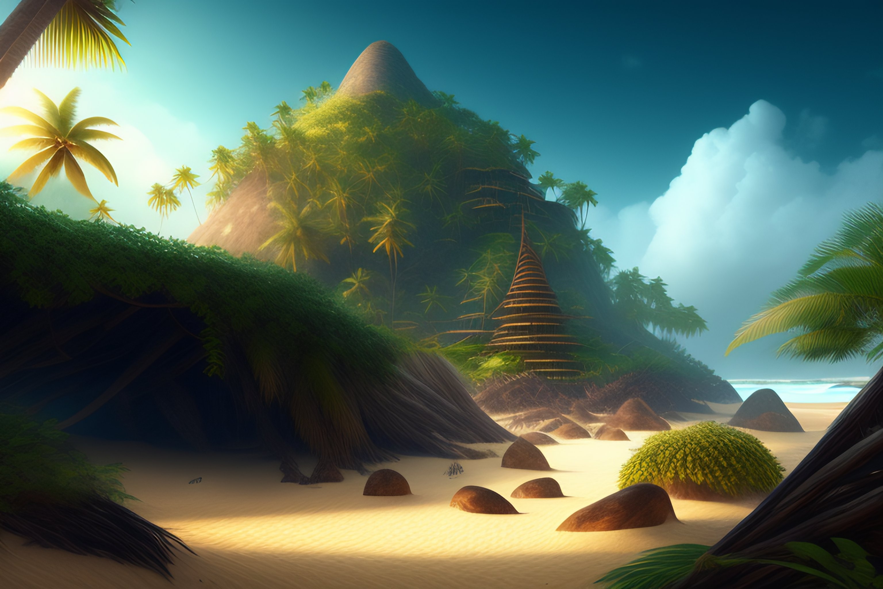Lexica - Giant elven amerindian hut bamboo on tropical island beach ...