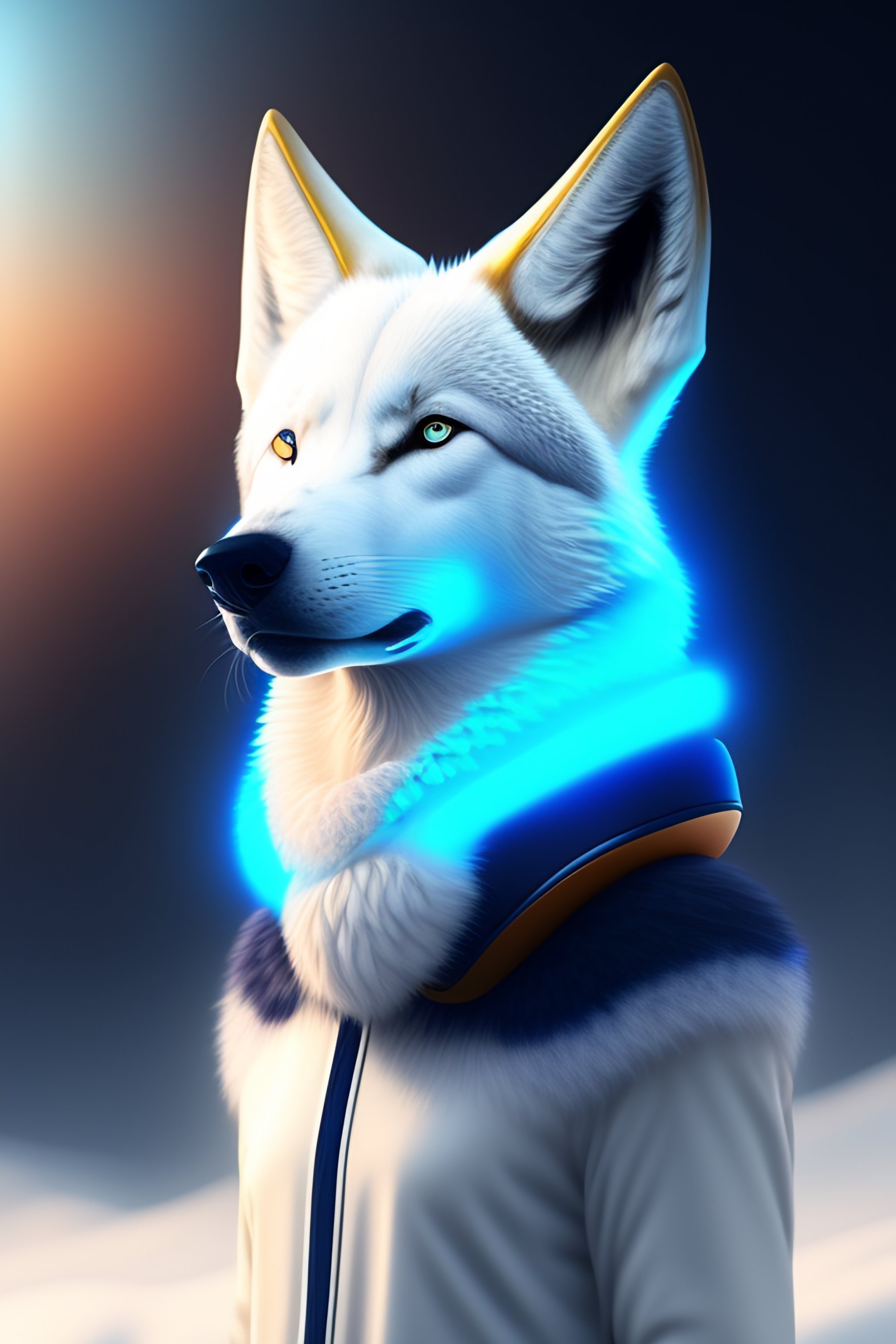 Lexica - White protogen with wolf white fur, and glowing blue headphone