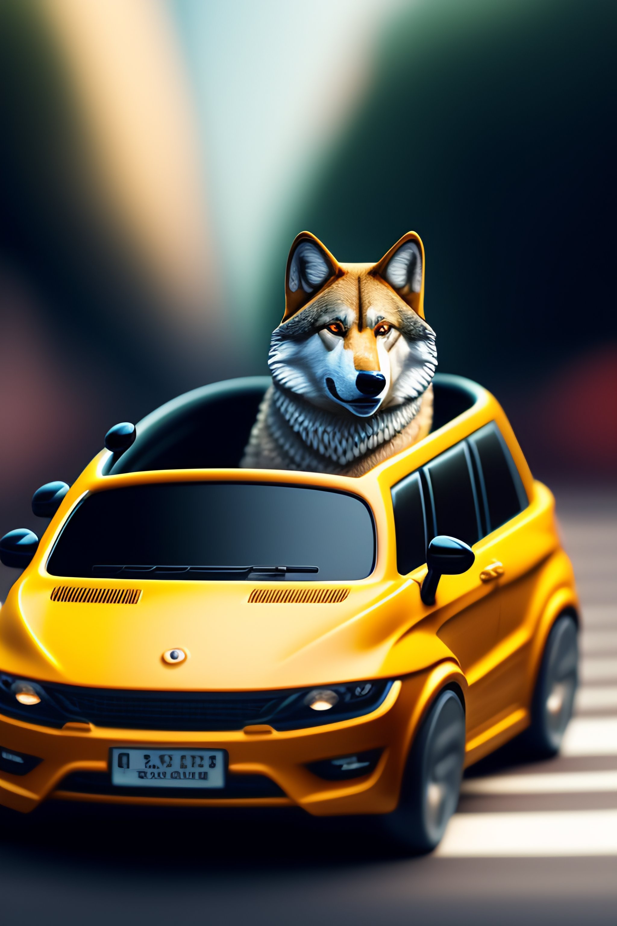 Lexica - A humanized caricature wolf driving inside a car,