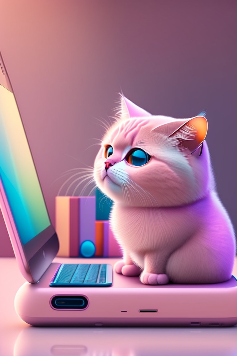 Lexica - Soft Pink cat robot working on a smartphone, office background