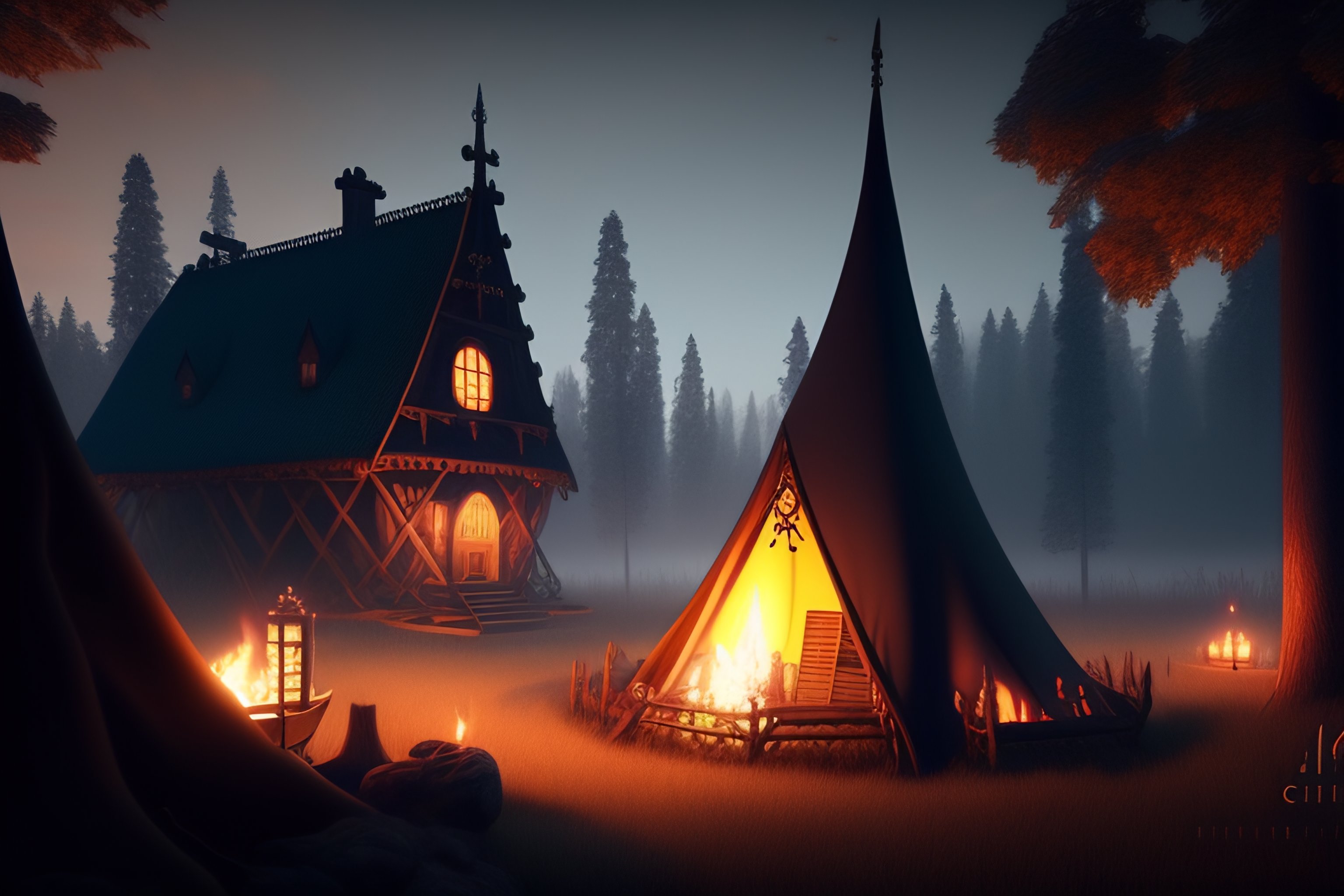 Lexica - Creepy forest, campfire with medieval gothic village in the ...