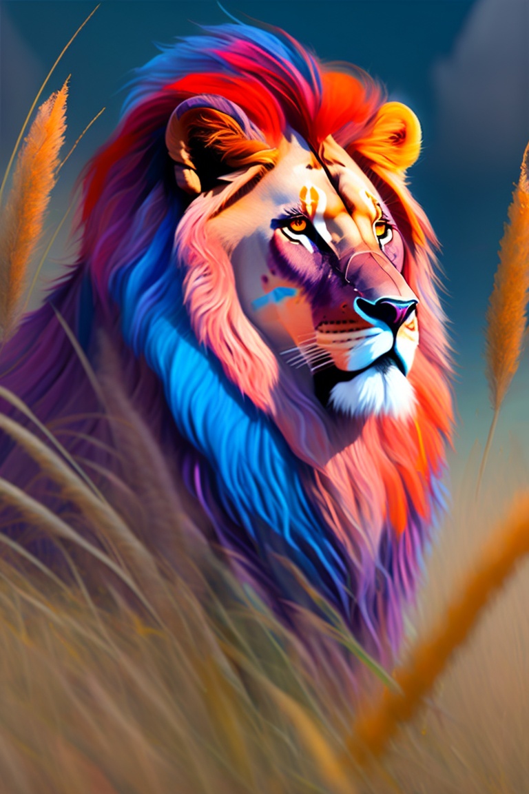 Lexica - A brightly colored lion is standing in an African plain with ...
