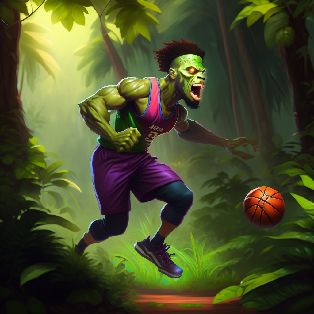 Lexica - Zombie in the jungle playing basketball, drawing, 2d
