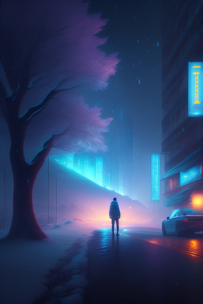 Lexica - Depression embodied as a lone figure looking over a neon city ...