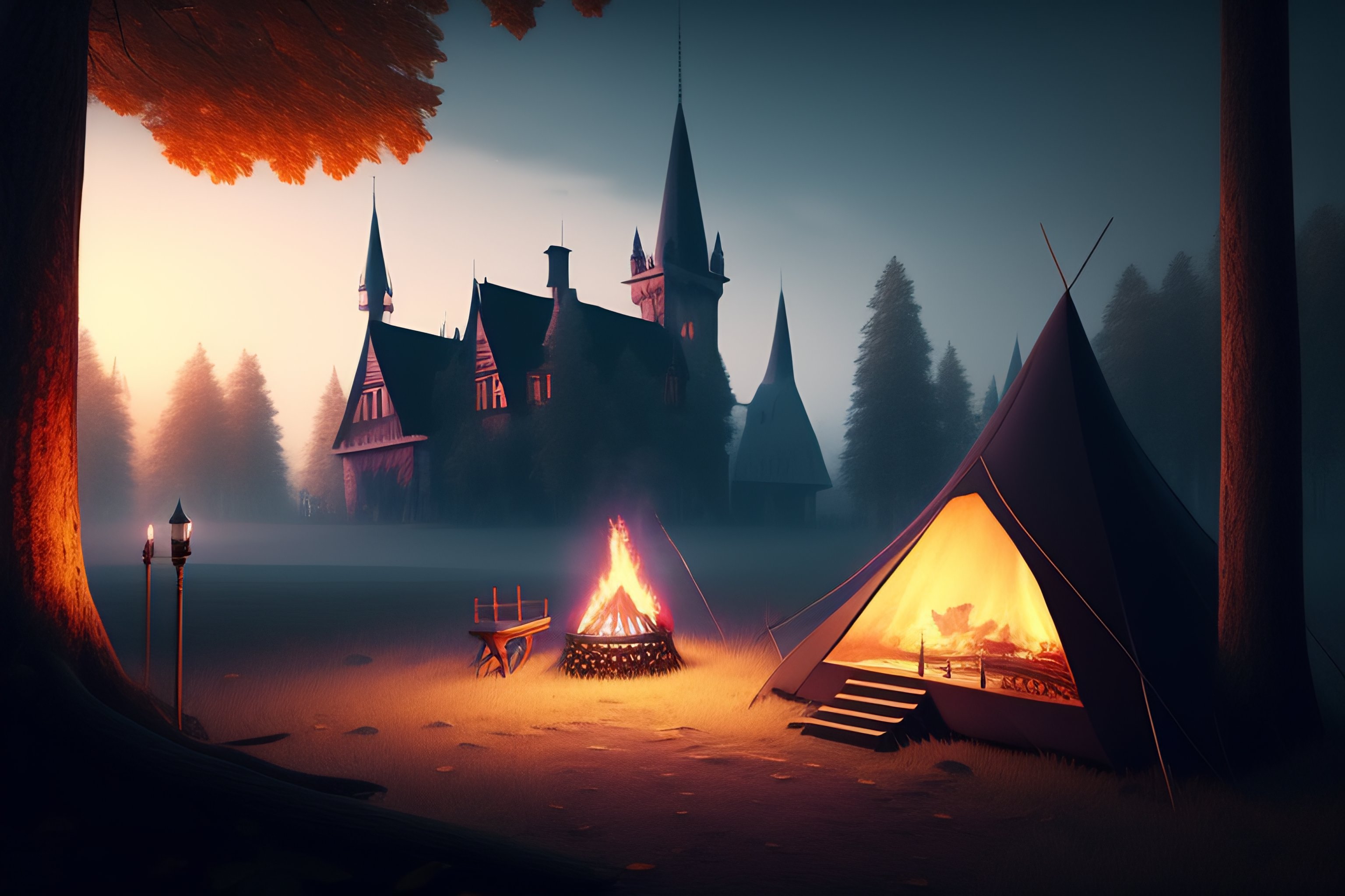 Lexica - Creepy forest, campfire with medieval gothic village in the ...