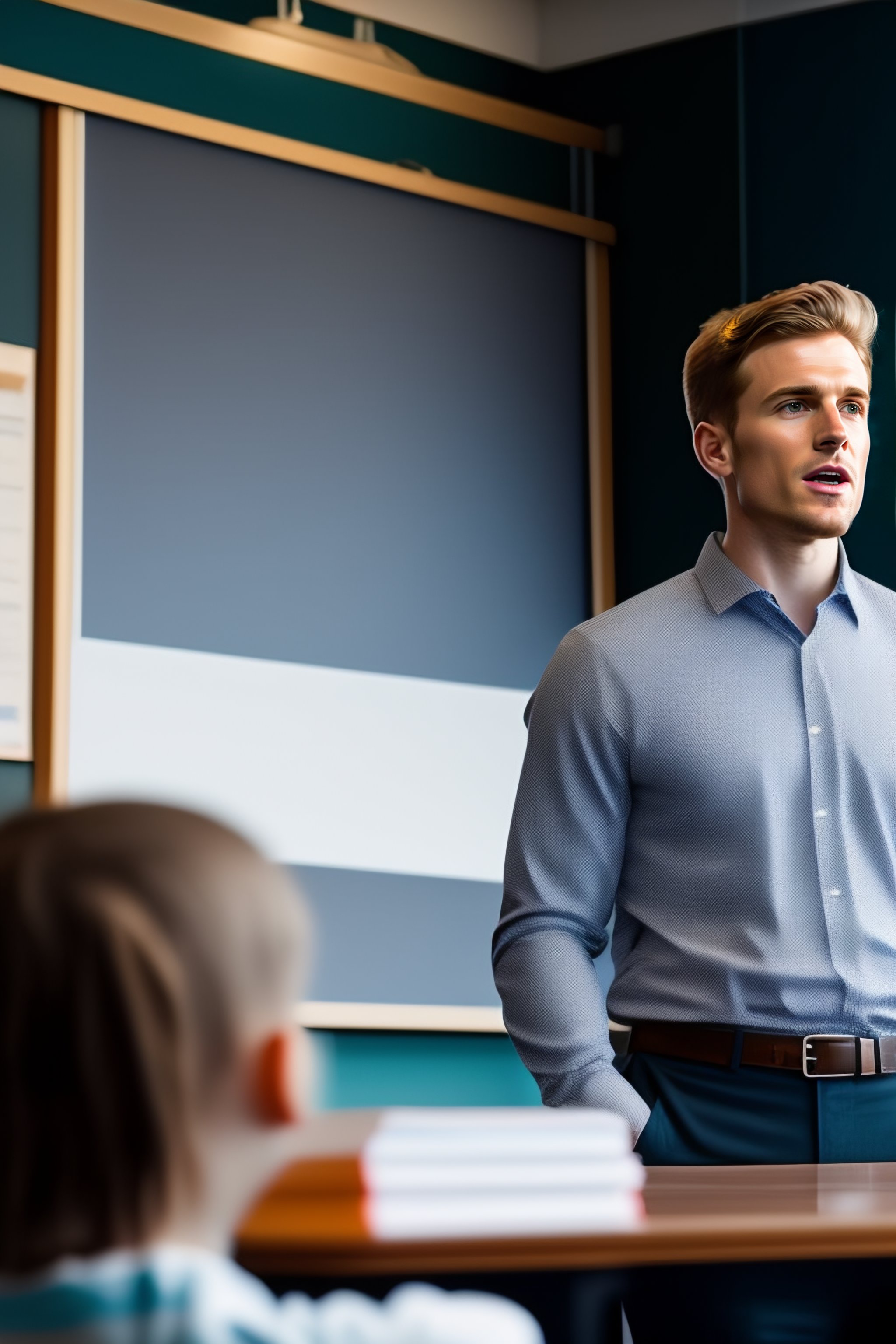 Lexica - A white-skinned young English teacher stands in front of the ...