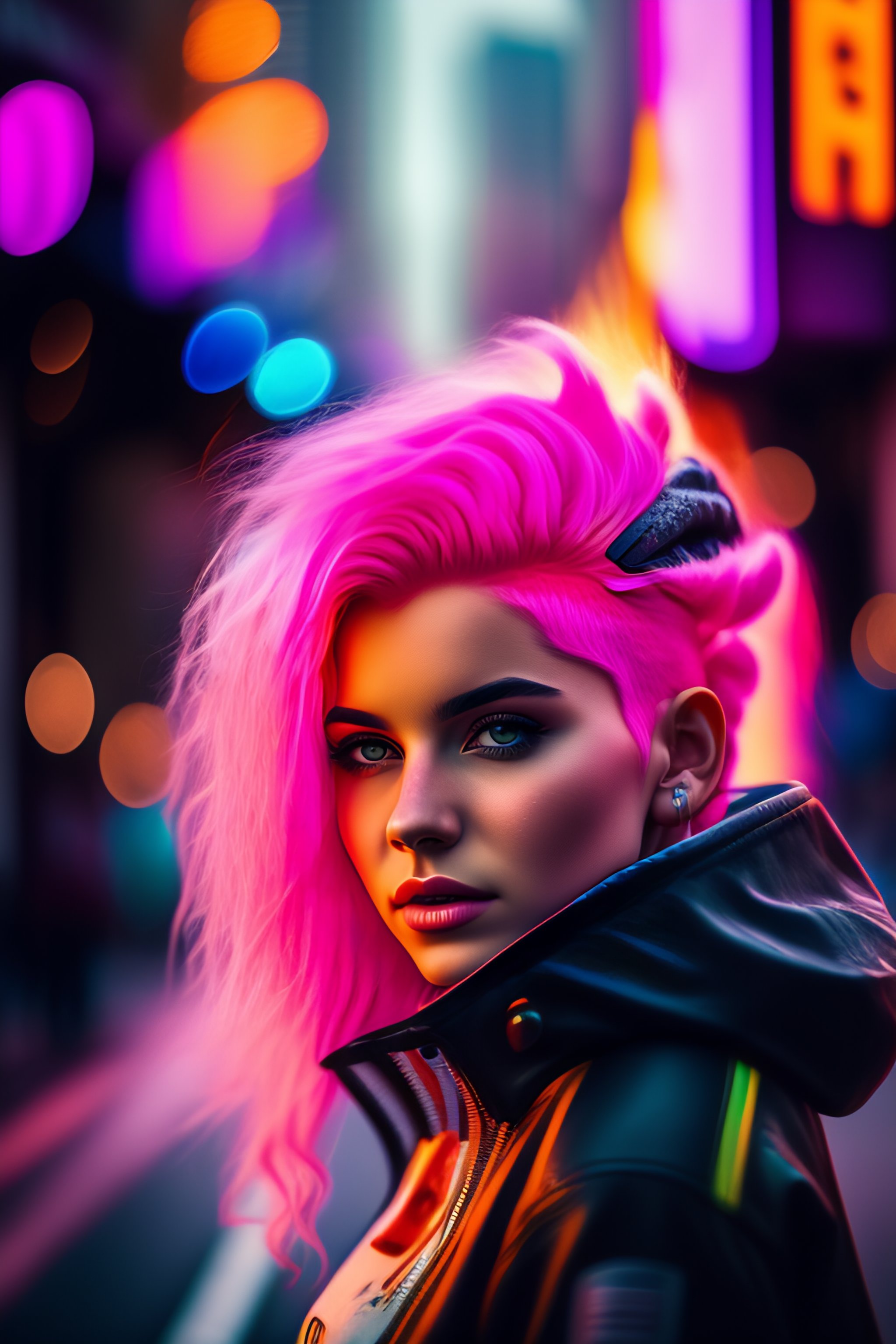 Lexica - Wide angle environmental shot of girl with pink hair in dirty ...